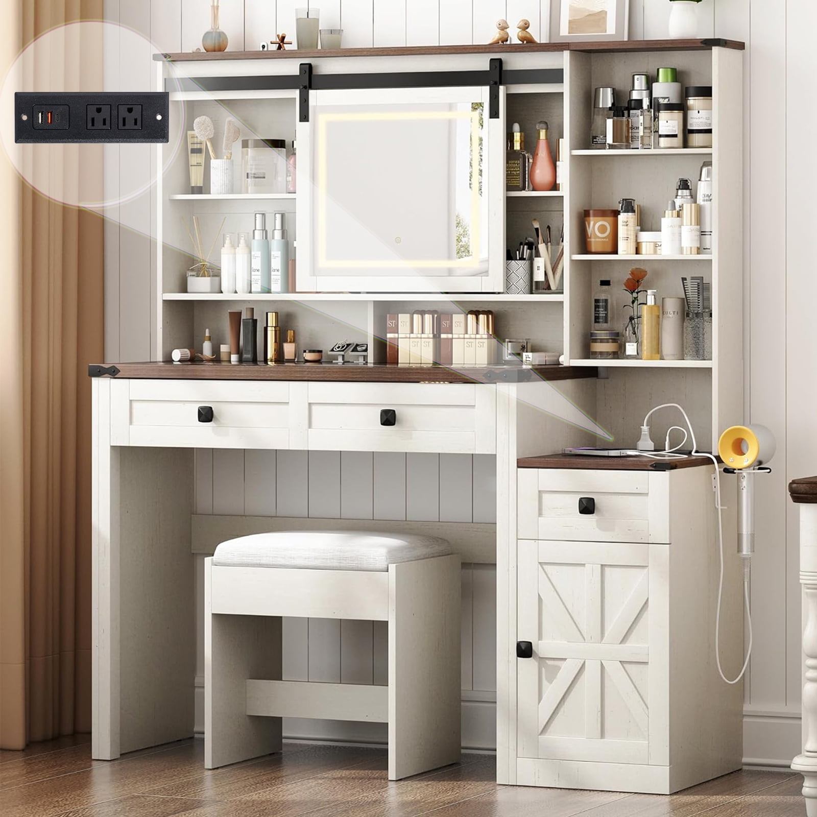 Blotout 47" Large Farmhouse Vanity Set with Stool and Sliding Mirror ...