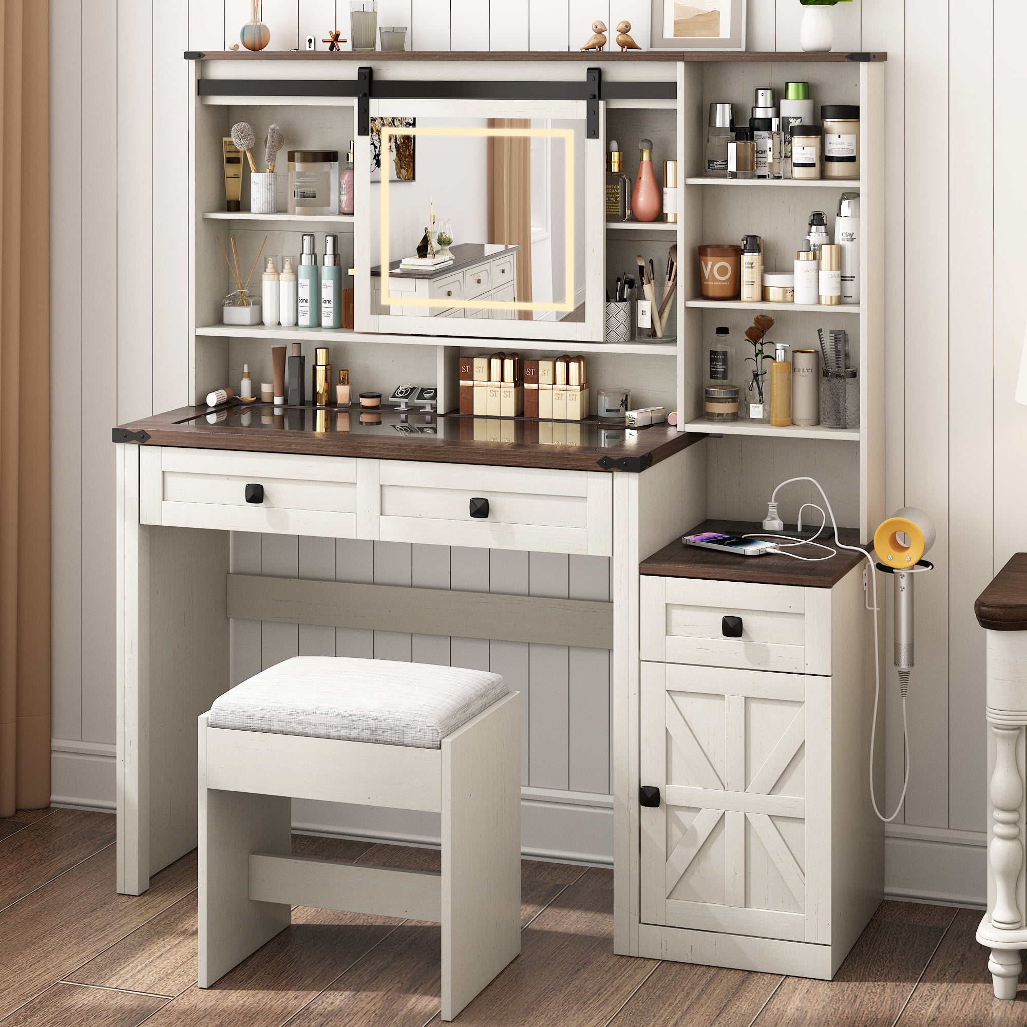 Blotout 47.2" Farmhouse Rustic Makeup Vanity Desk with Sliding Mirror ...