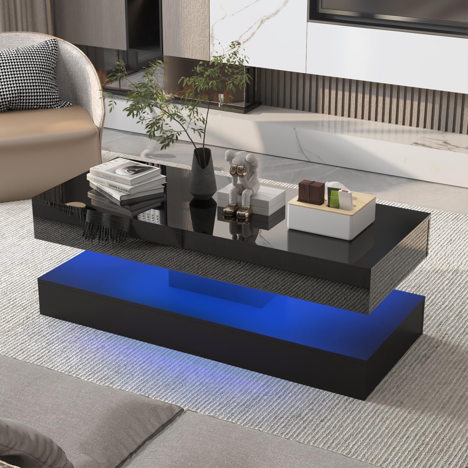 Blotout 47.3" Large Black LED Coffee Table with 2 Storage Drawers ...