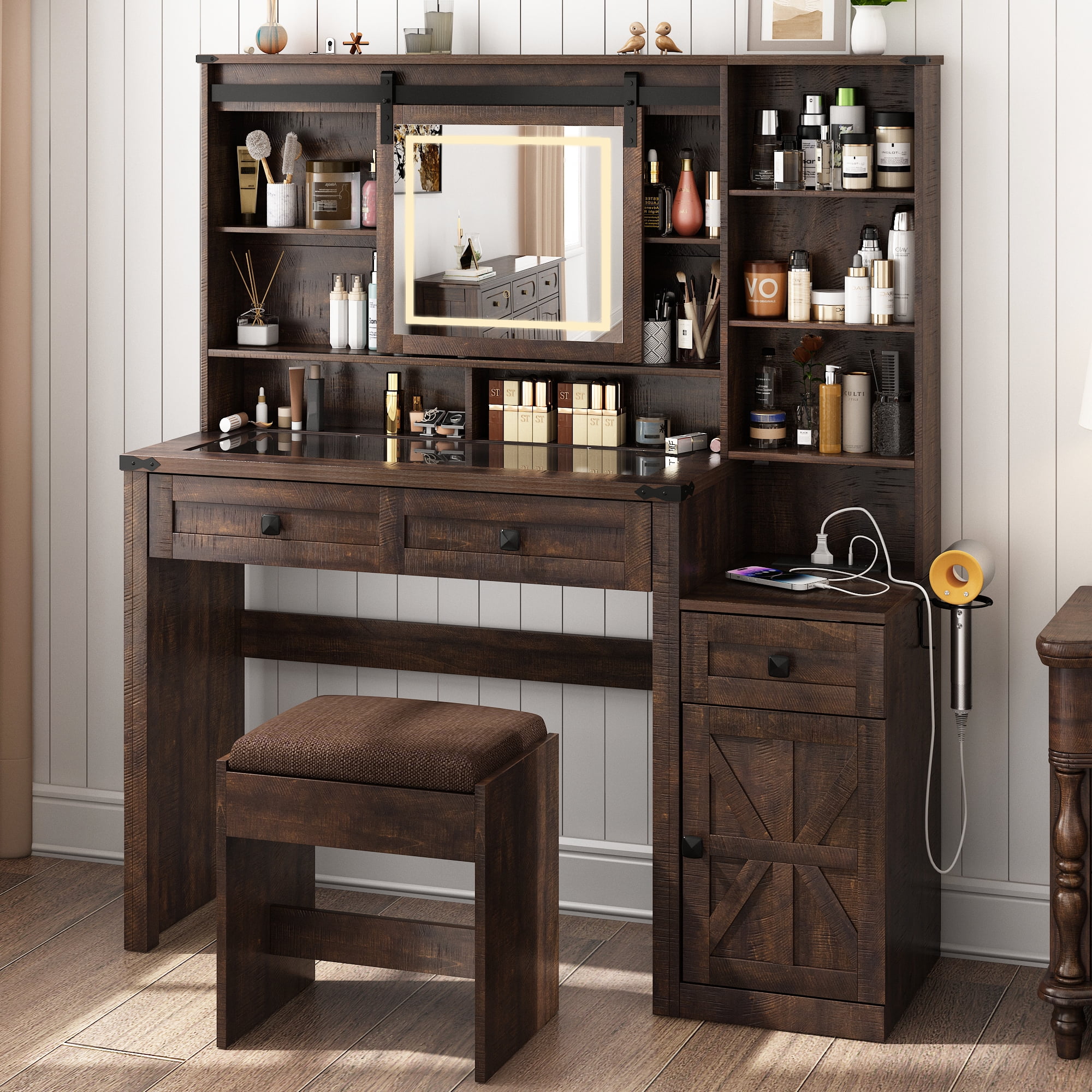 Blotout 47.2" Farmhouse Rustic Makeup Vanity Desk with Sliding Mirror ...