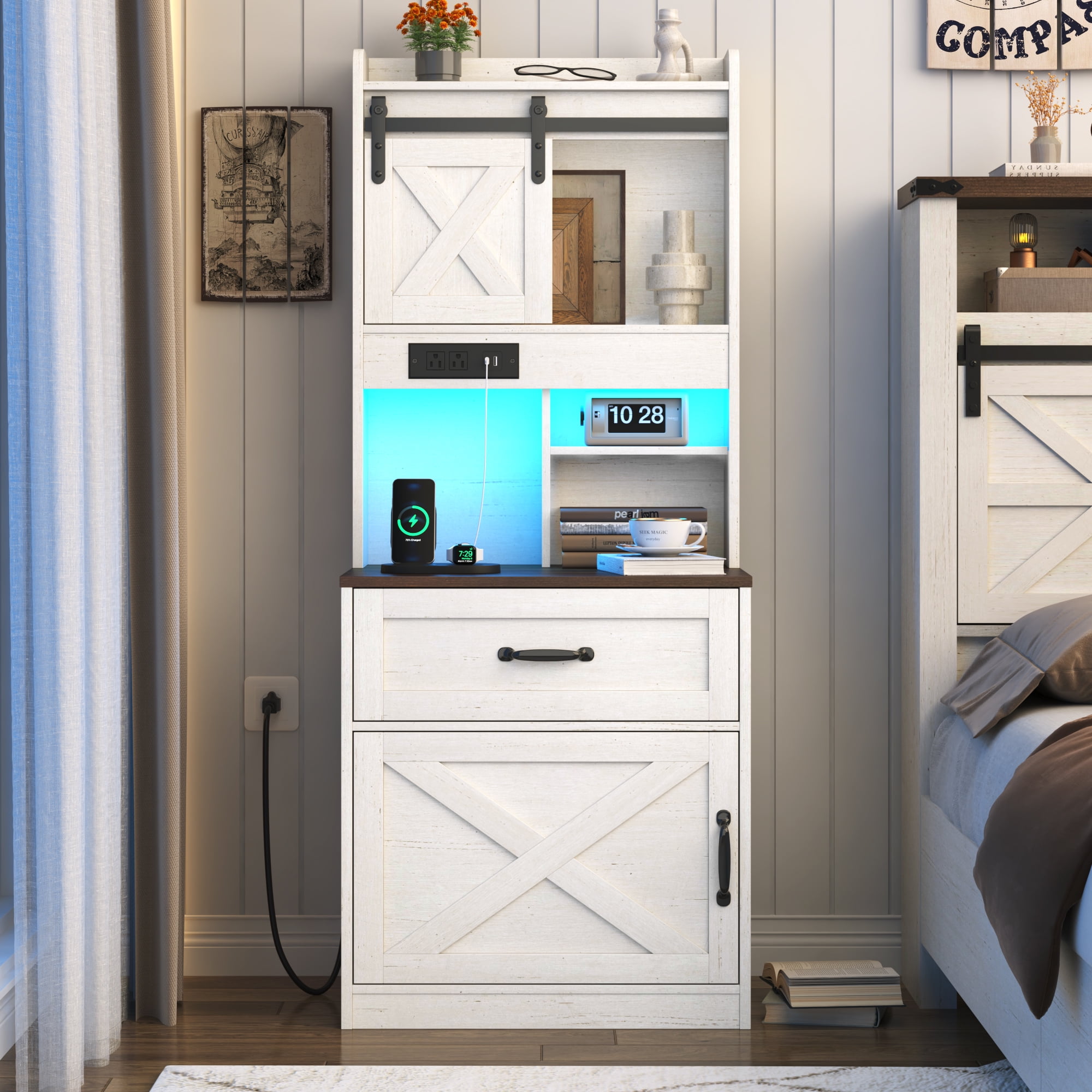 Blotout 54'' Farmhouse Tall Nightstand with Charging Station, Bedside ...