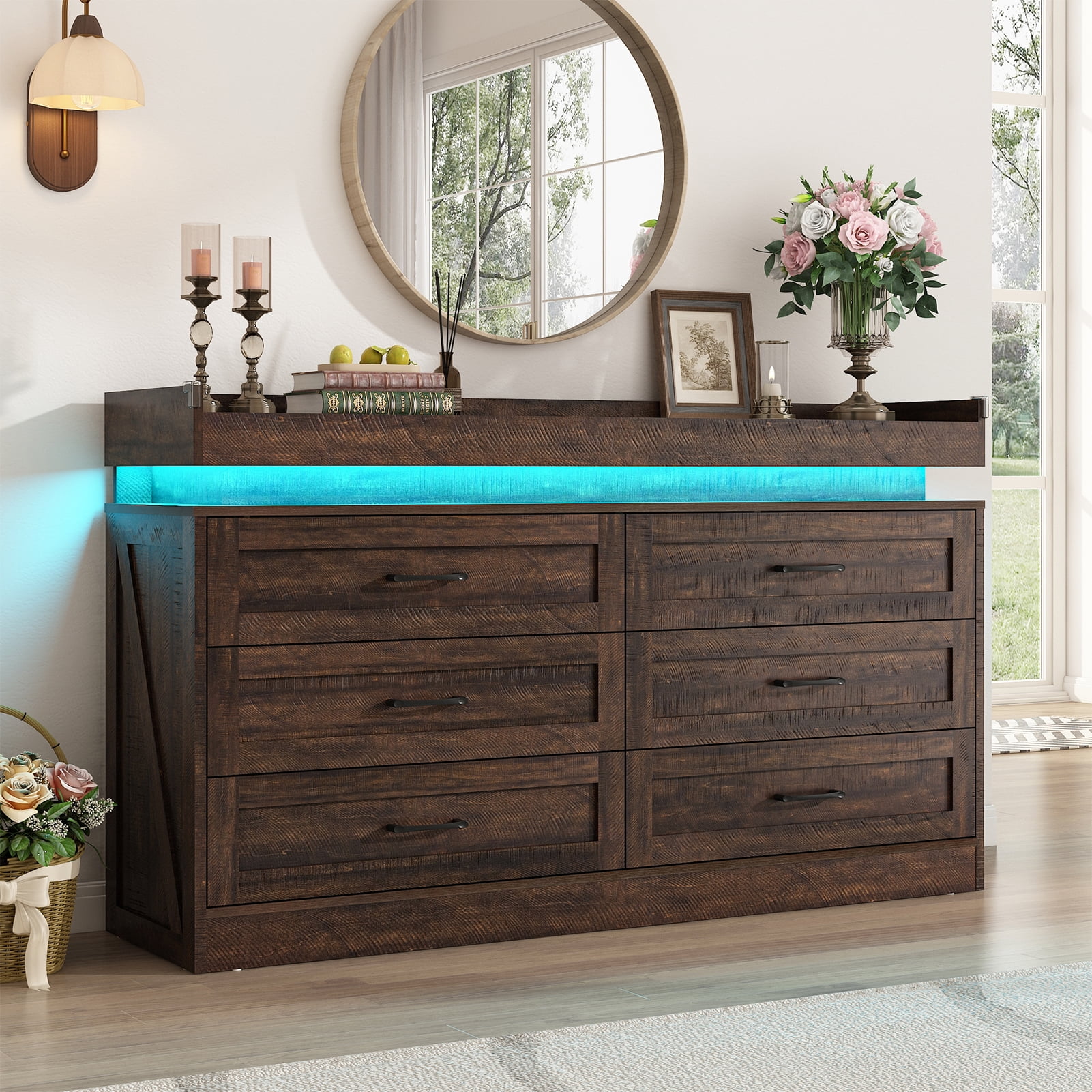 Blotout 6 Drawer Double Dresser with LED Lights and Charging Station ...