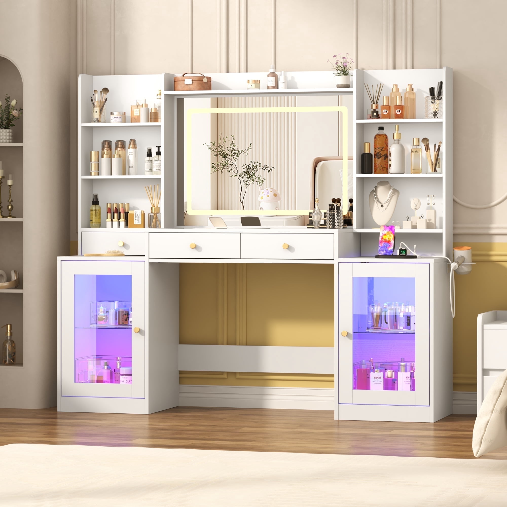 Blotout 62'' Large Vanity Desk w/60000-color LED Lights, Tempered Glass ...