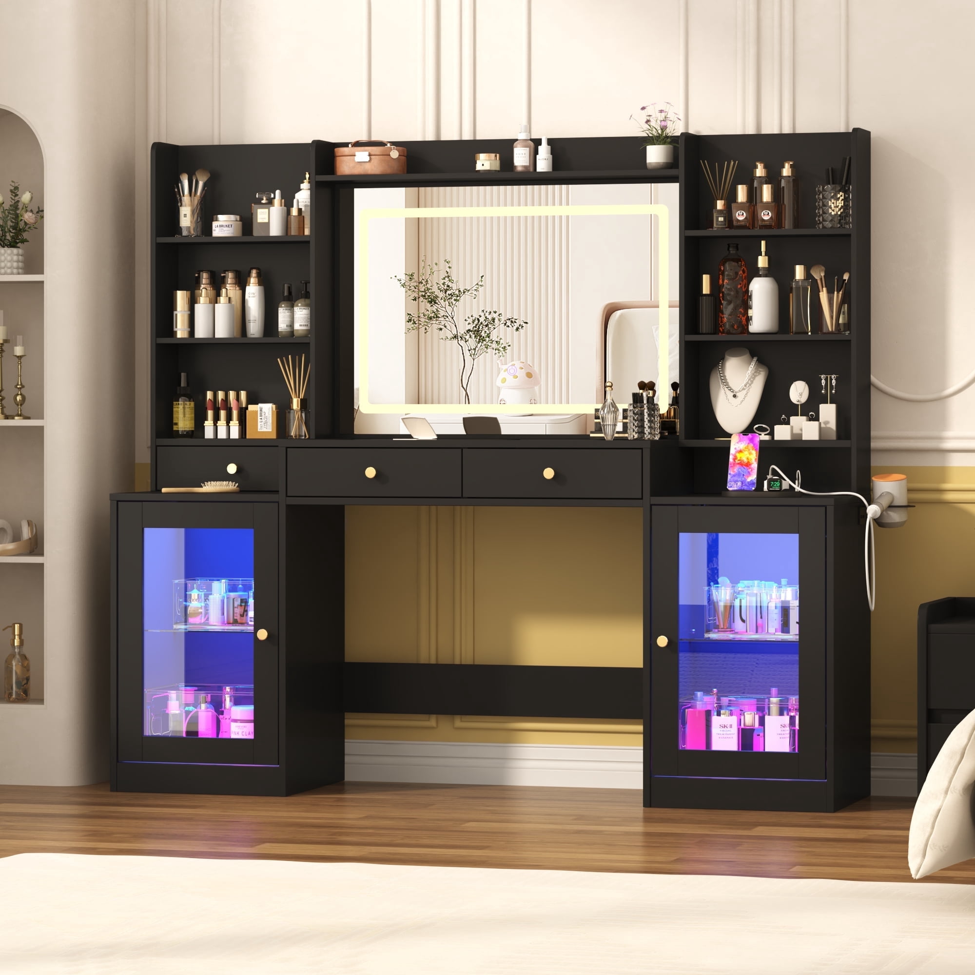 Blotout 62'' Large Vanity Desk w/60000-color LED Lights, Tempered Glass ...