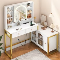 Dextrus L-Shaped Vanity Set with LED Light, 5 Drawers, Storage Shelves ...