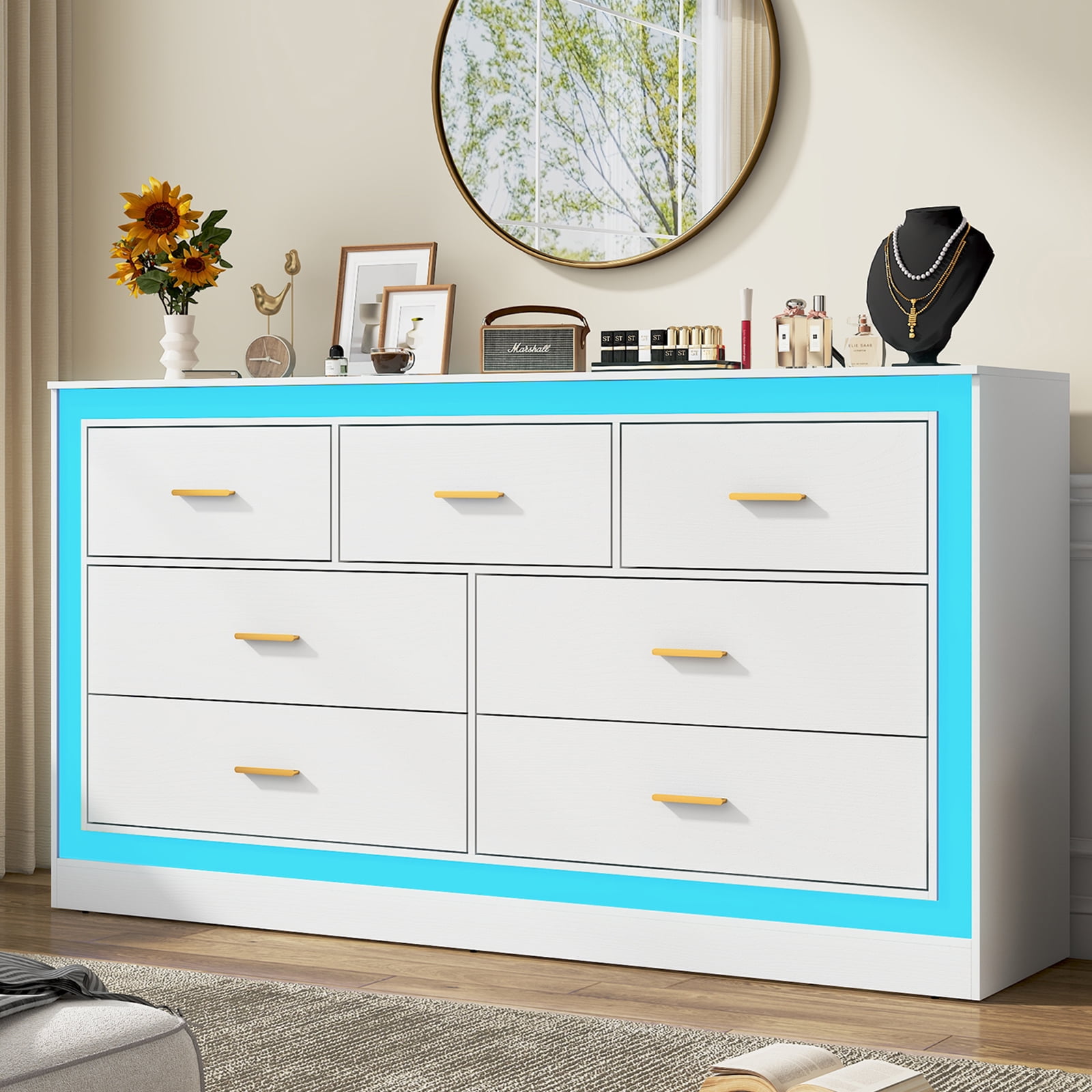 White Dresser for Bedroom, 63" Wood 7 Drawer Dresser with LED Light ...