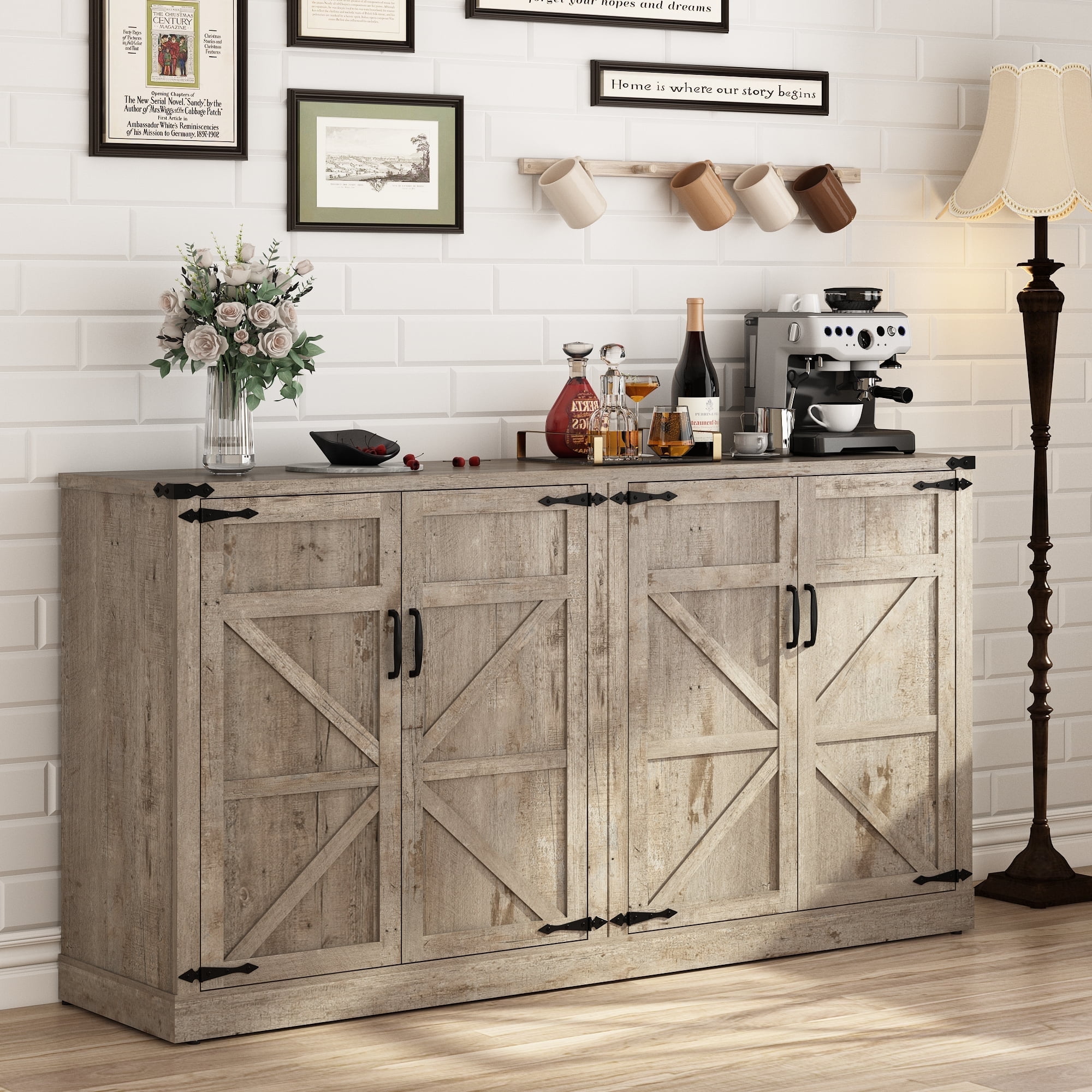 Blotout 65" Large Farmhouse Buffets Cabinet w/Storage, 4 Barn Doors ...