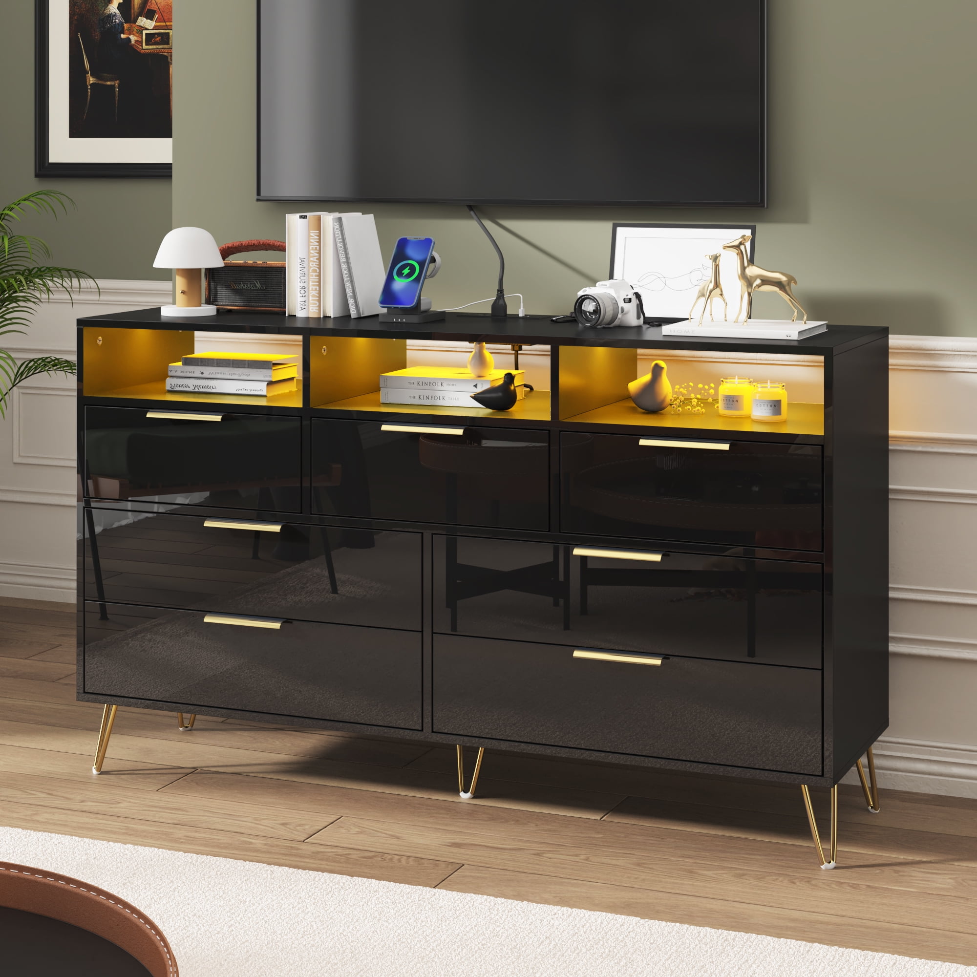 Blotout 7 Drawer Dresser with Charging Station, Modern Long Dressers ...