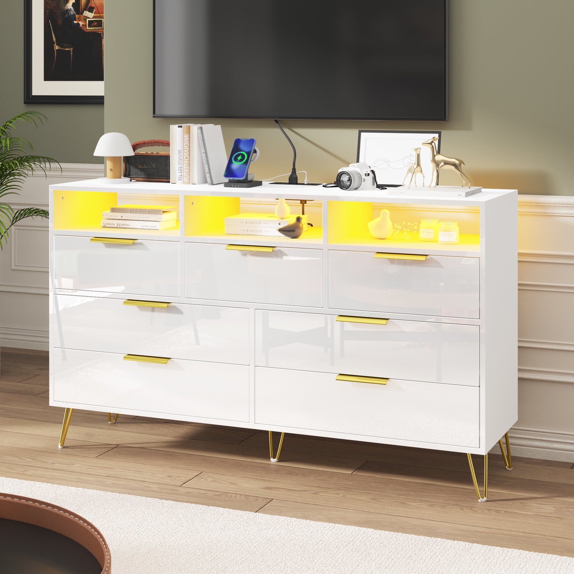 Blotout 7 Drawer Dresser with Charging Station, Modern Long Dressers ...