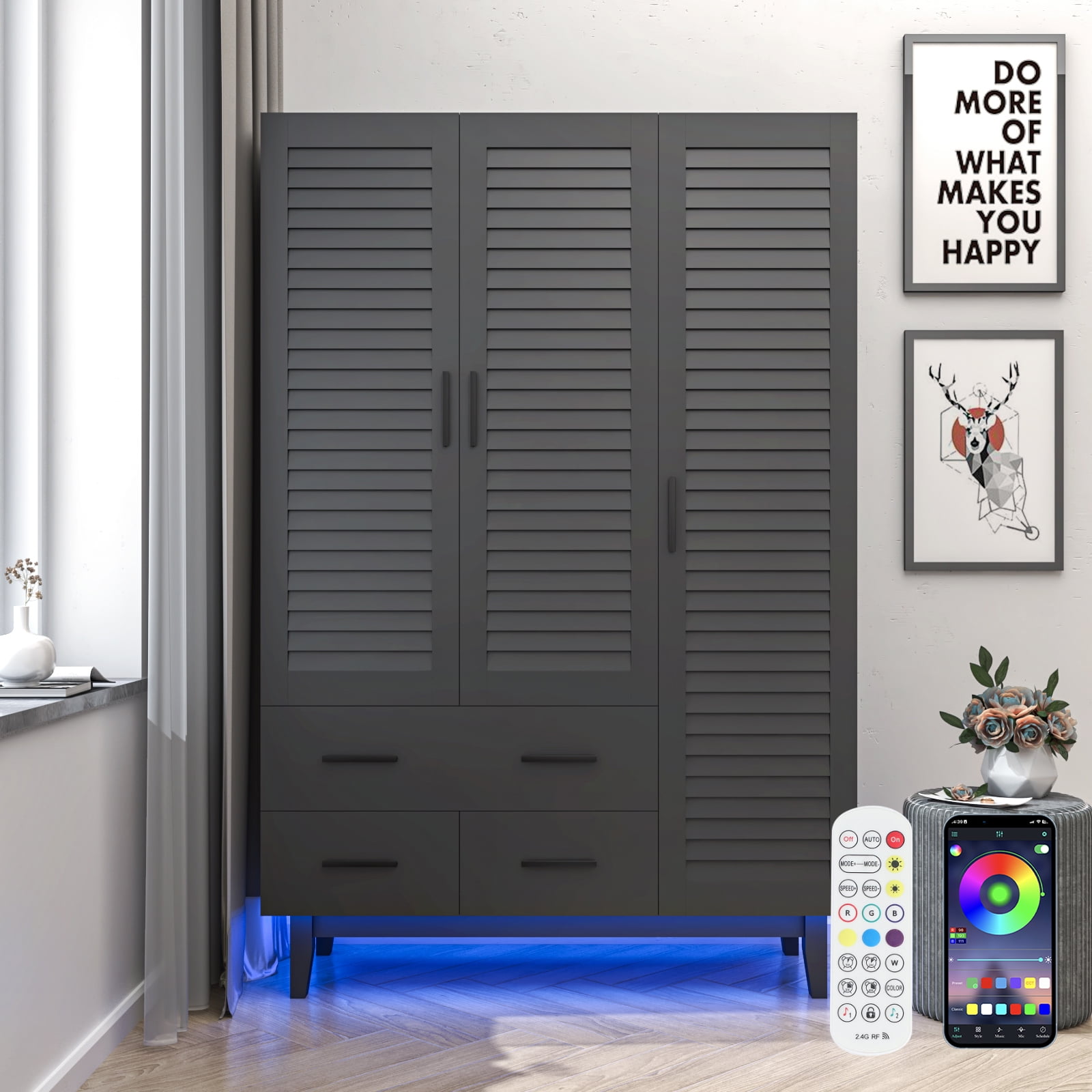 "Blotout Bedroom Clothes Armoire, 70"" Wardrobe with LED Lights, 3 ...