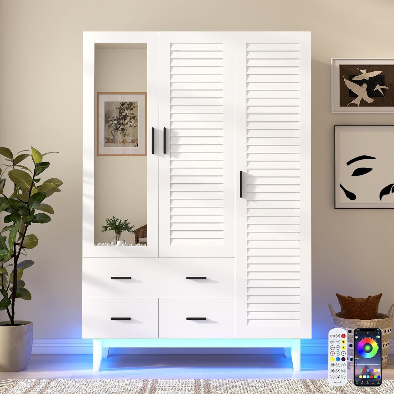 "Blotout 70"" Wood Armoire with LED Lights, 3 Doors/3 Drawers, Hanging ...