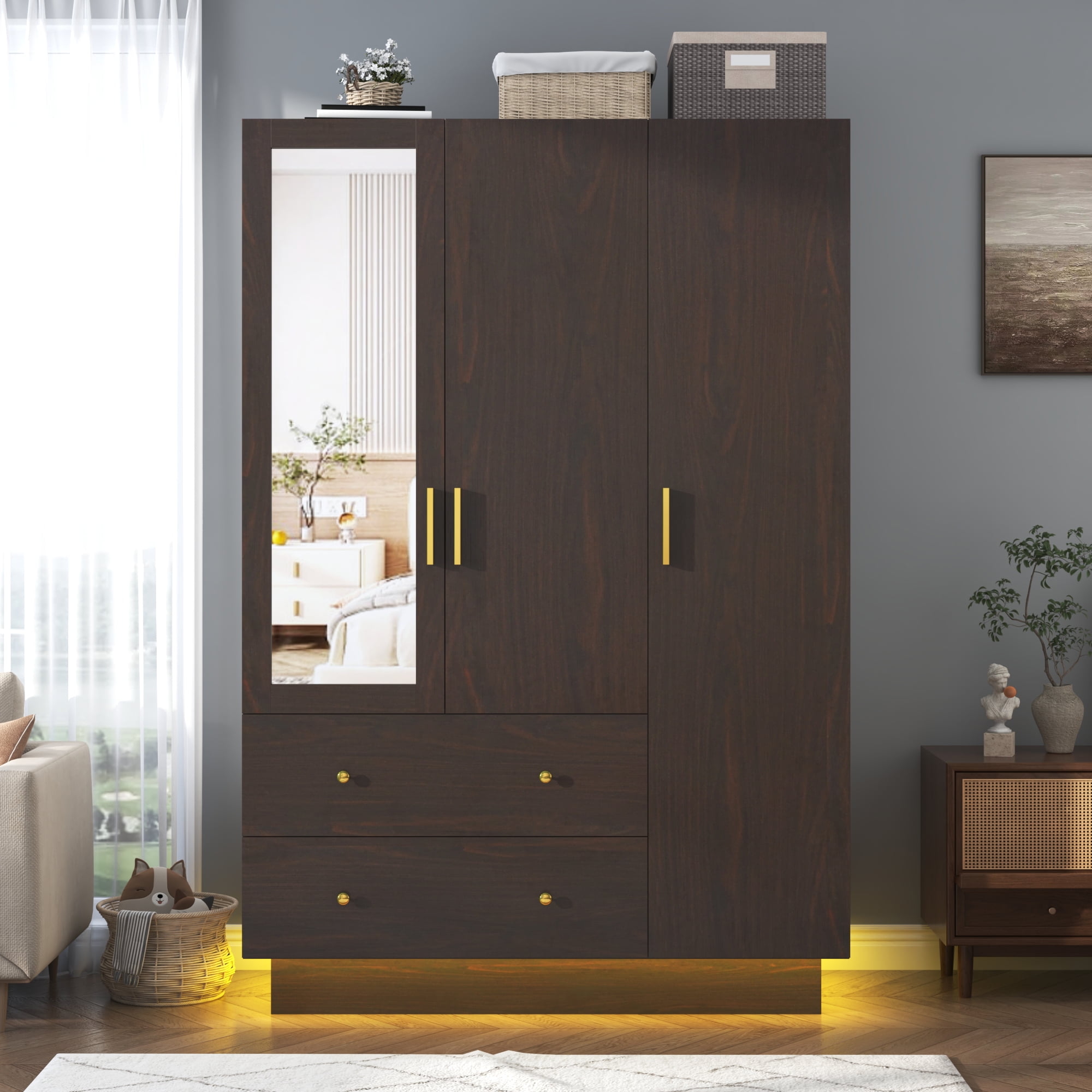 Blotout 70" Armoire Wardrobe Closet with Mirror, LED Wardrobe Armoire ...