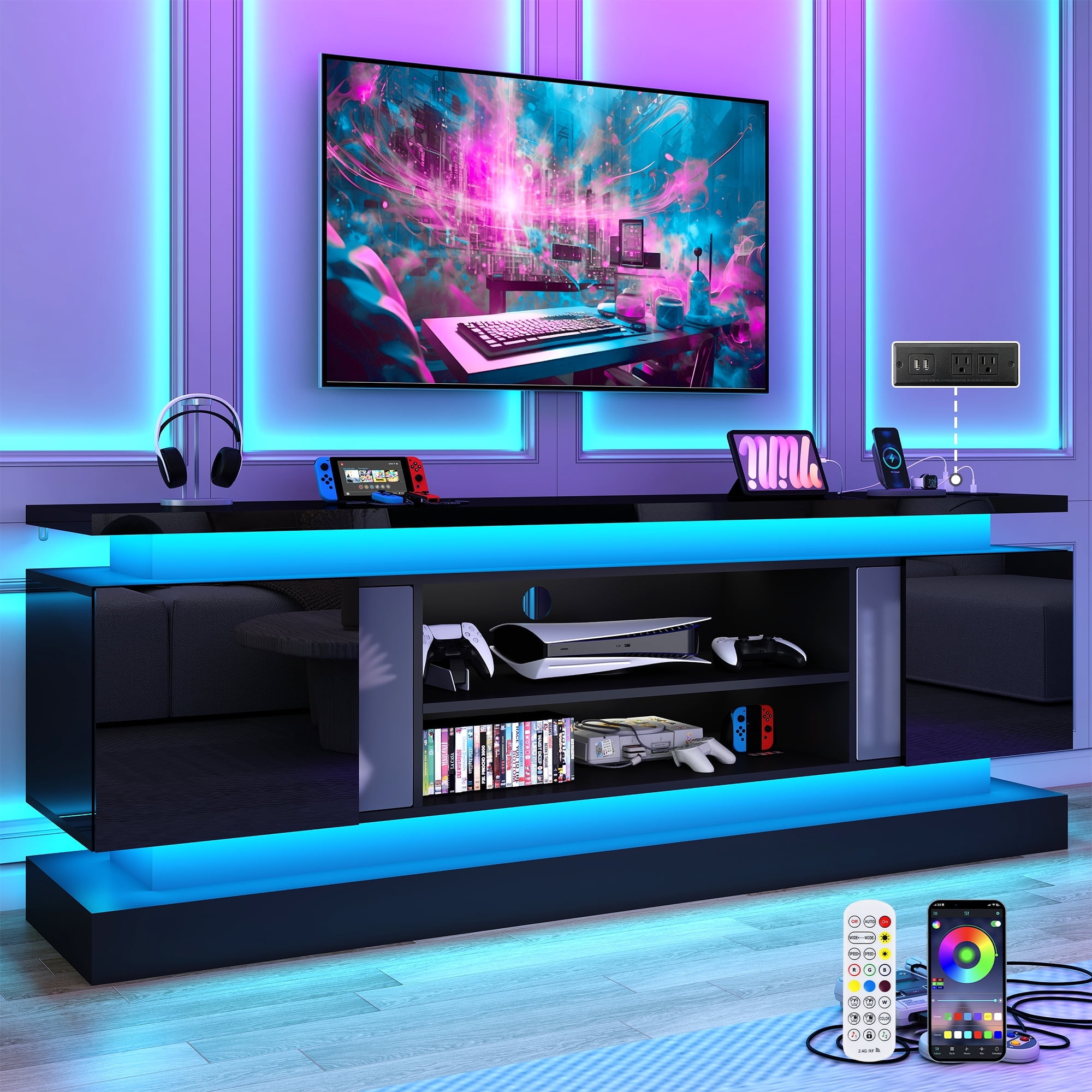 Blotout 70" TV Stand with LED Lights & Power Outlet for TVs Up to 80 ...