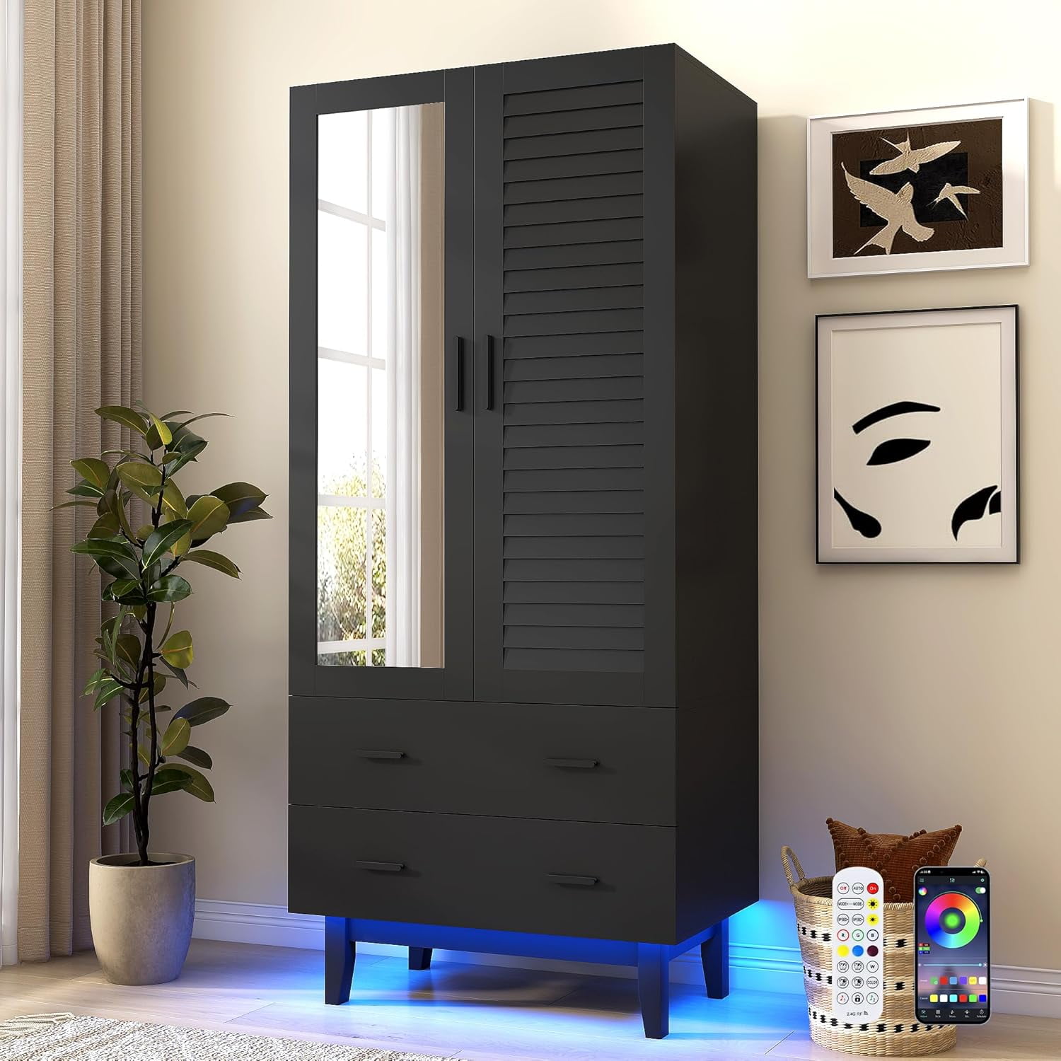 Blotout 70” Tall LED Armoire Wardrobe with Mirror, 2 Drawers, Multi ...