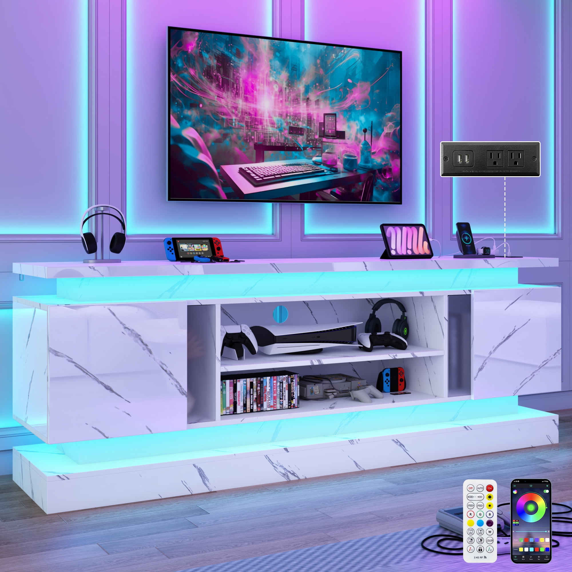 Blotout 71" TV Stand with LED Lights & Power Outlet for 85/80/75 Inch ...