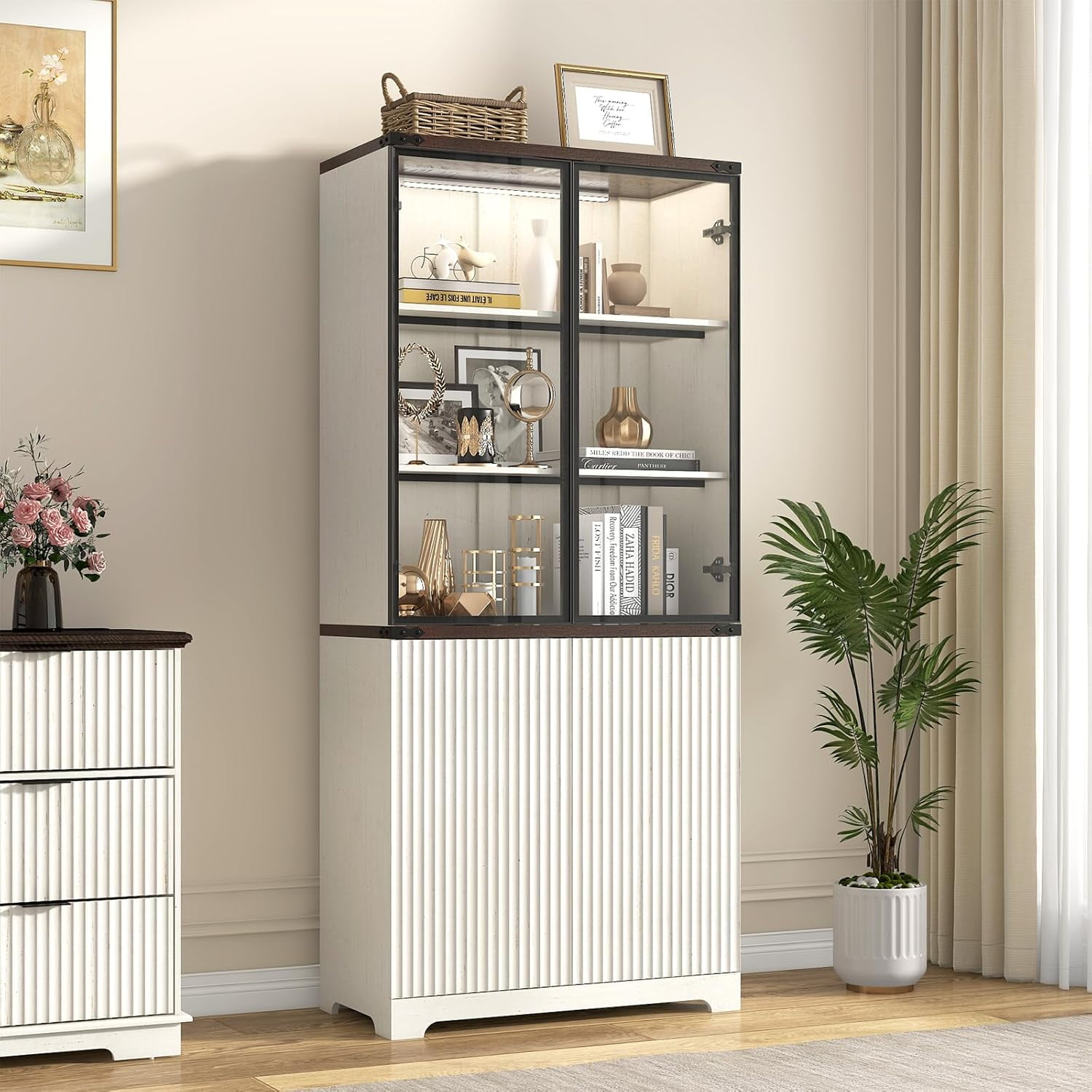 Blotout 71" Tall Display Cabinet with LED Sensor Light and Pop-up Glass ...