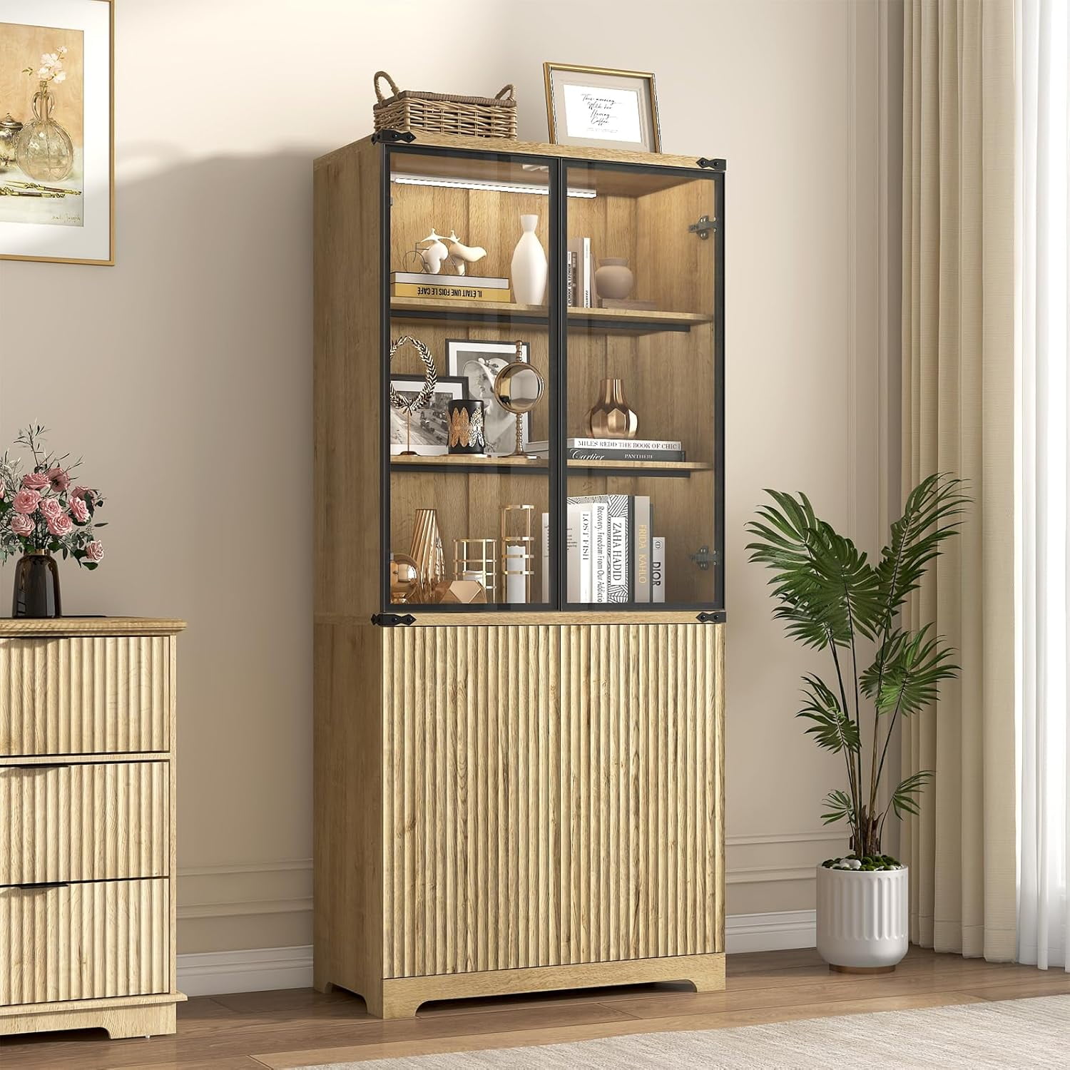 Blotout 71" Tall Display Cabinet with LED Sensor Light and Pop-up Glass ...