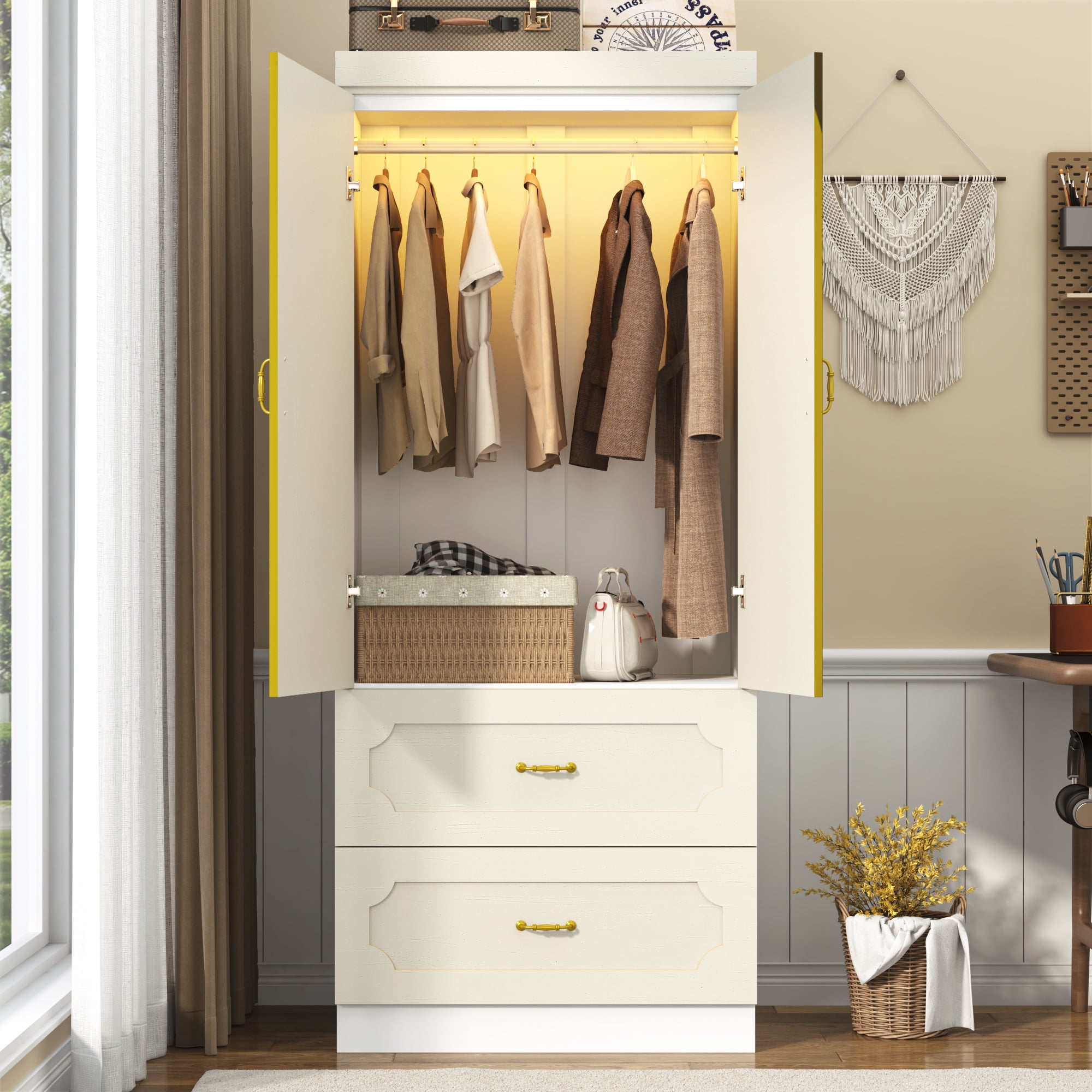 Blotout 75"H Armoire Wardrobe Closet with 2 Mirror and Sensor Light ...