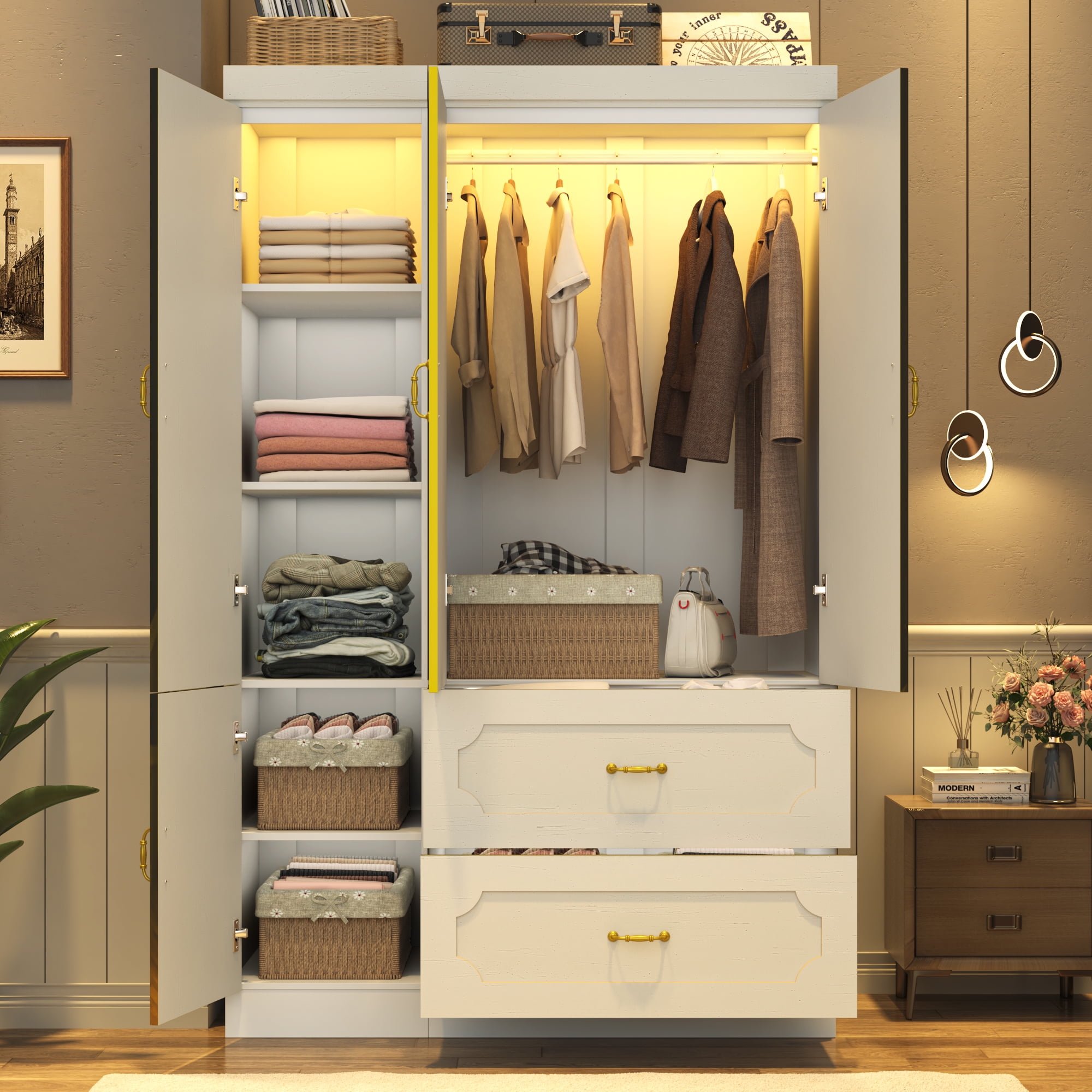 Blotout 75" H 3 Doors Armoire Wardrobe Closet with 2 Drawers, LED ...