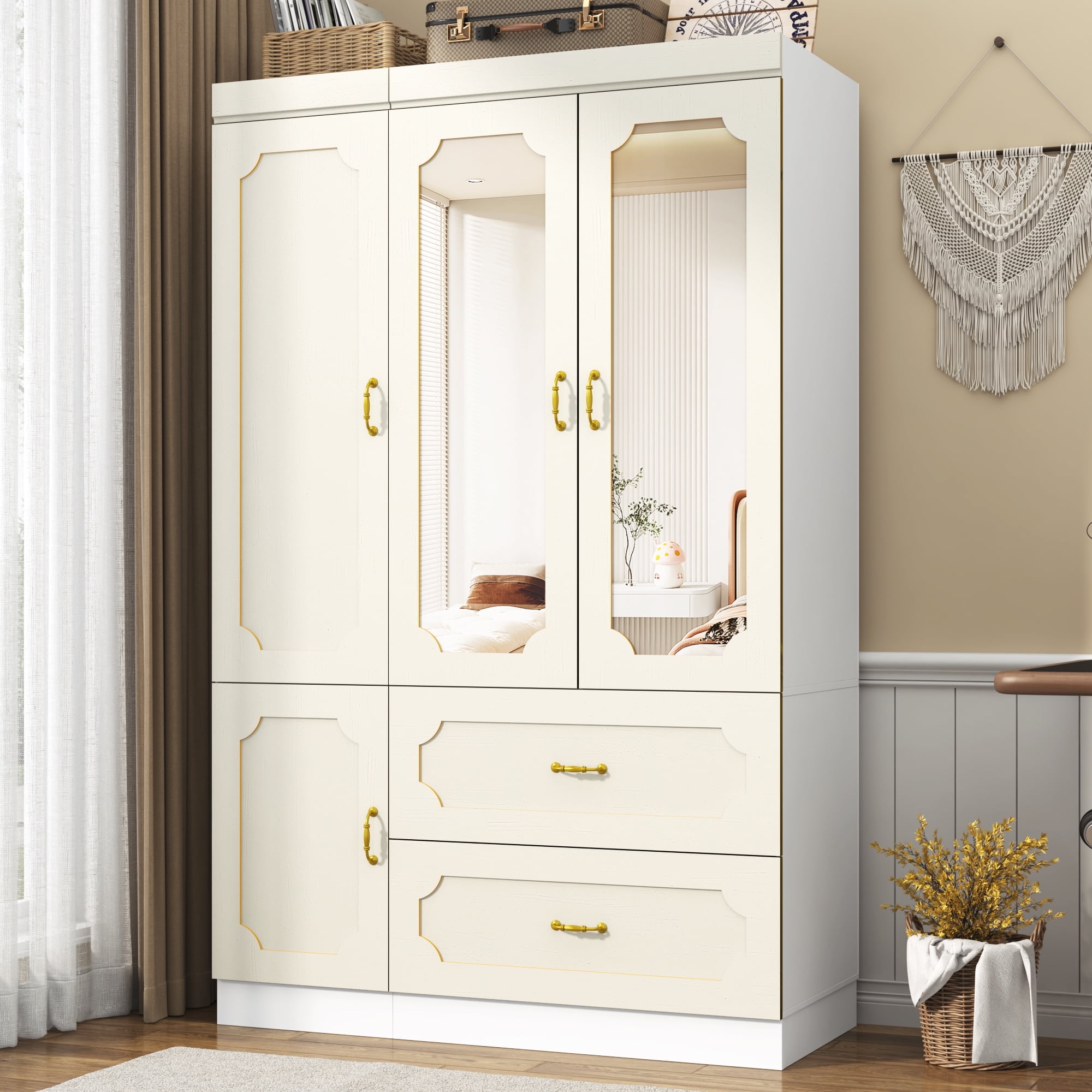 Blotout 75"H 3 Doors Armoire Wardrobe Closet with Mirror and LED Lights ...