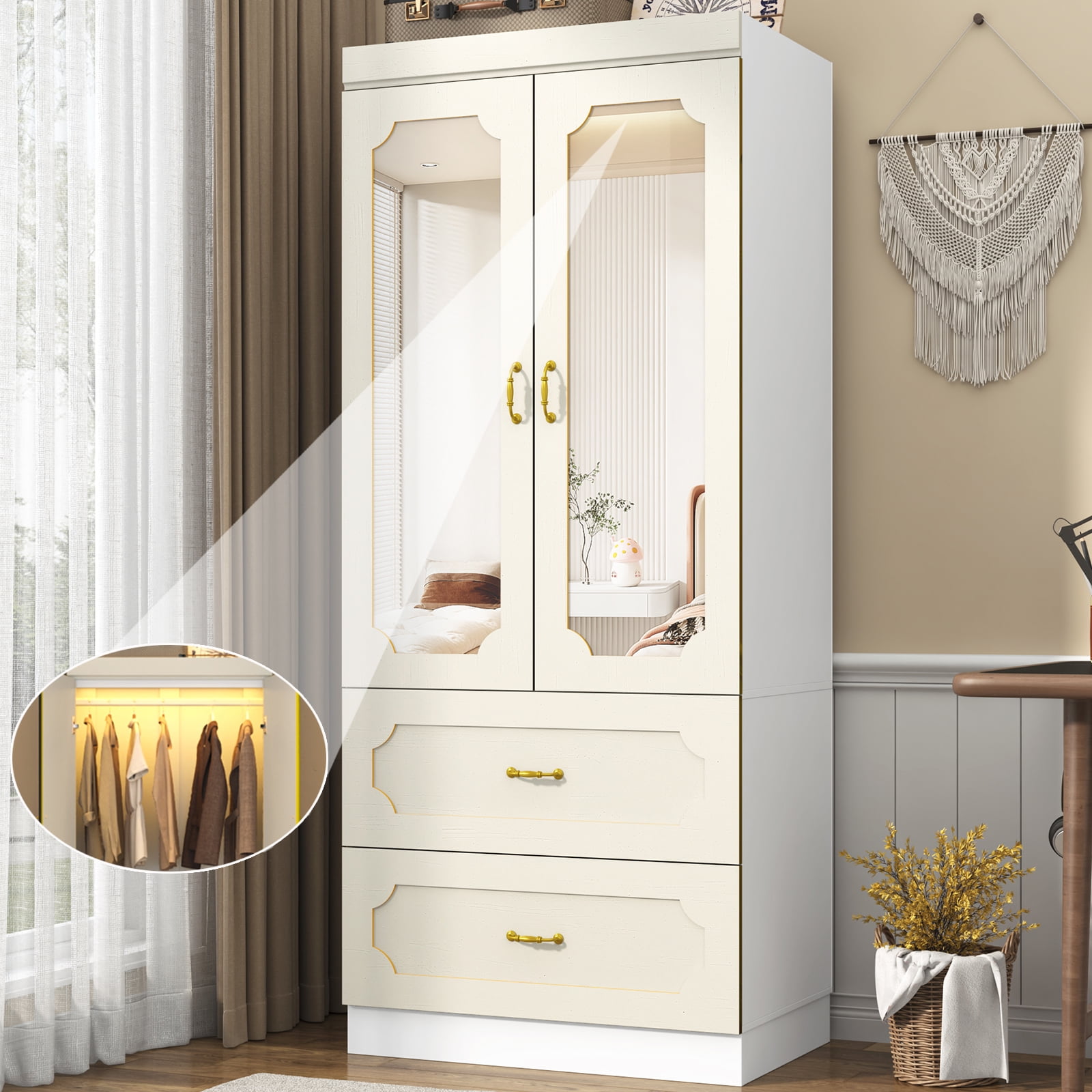 Blotout 75"H Wardrobe Closet with LED Light & 2 Mirror, 2 Doors Wardrobe with Hanging Rod and 2 ...