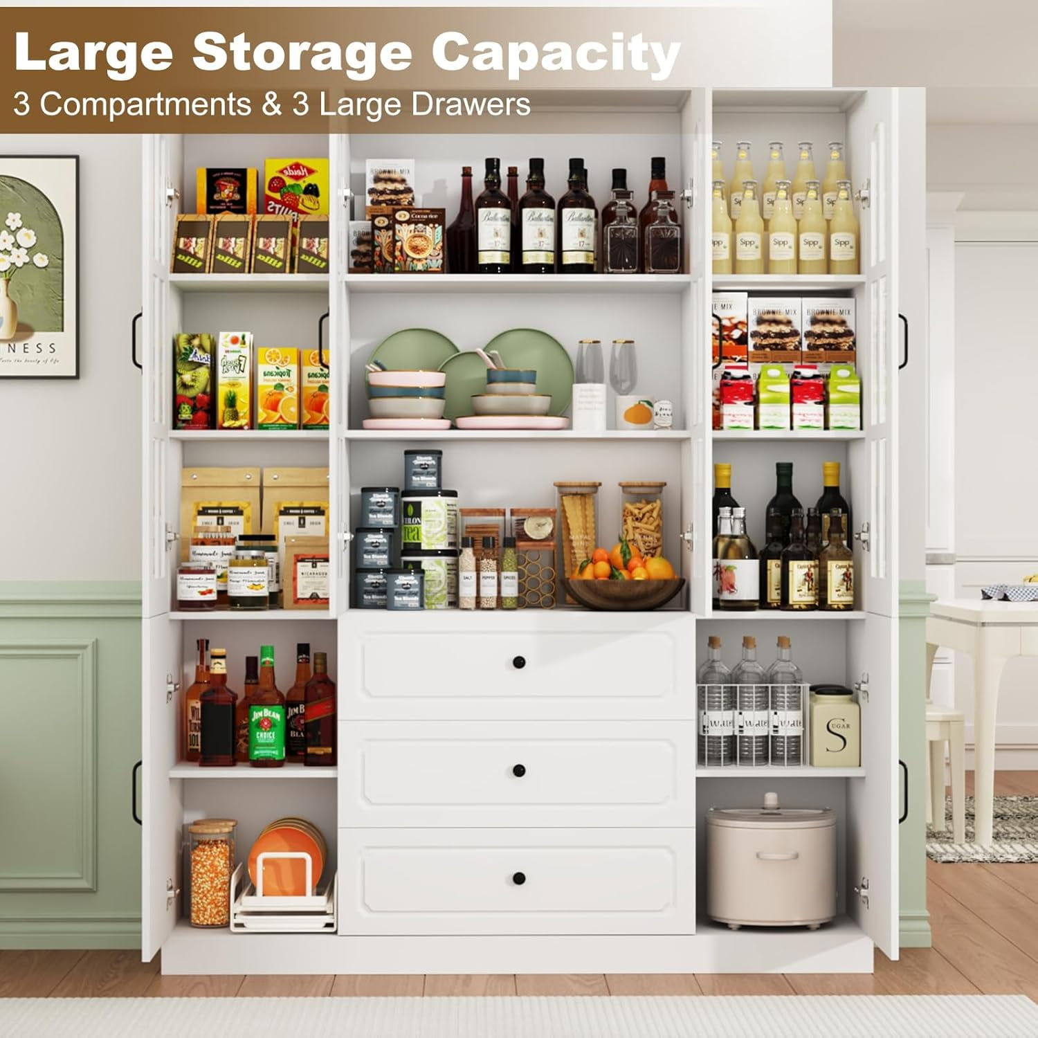 Blotout 78.7" Tall Kitchen Pantry Cabinet with Glass Doors and Drawers ...