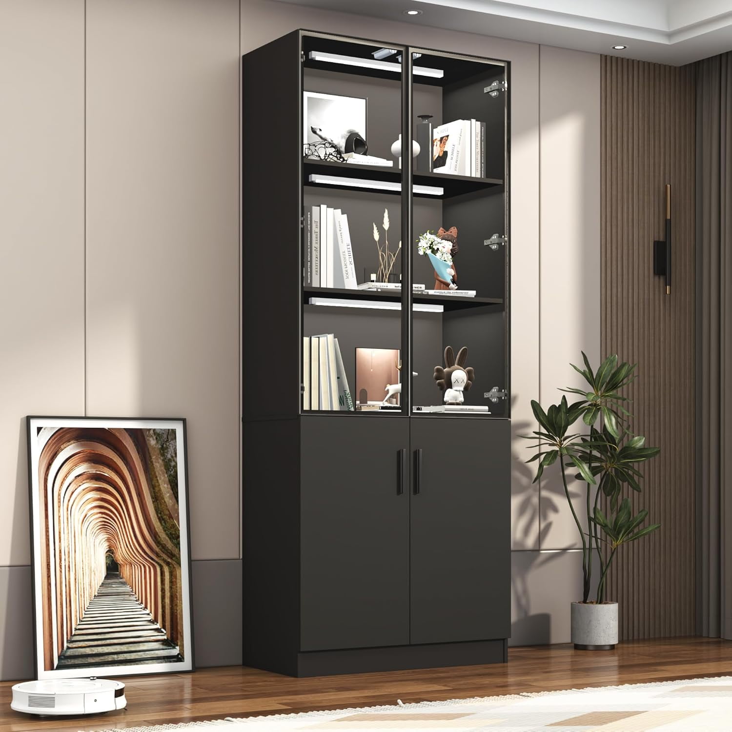 Blotout 79" Tall Display Cabinet with LED Sensor Light & Pop-up Glass Doors & Storage Cabinet ...
