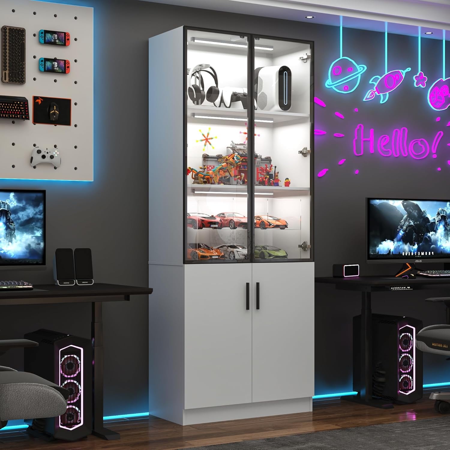 Blotout 79" Tall Display Cabinet with LED Sensor Light & Pop-up Glass ...