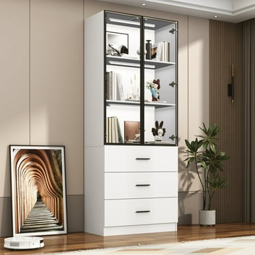 FUFU&GAGA 55.1" Tall Bookcase Display Cabinet with Glass 2-Door & 1 ...