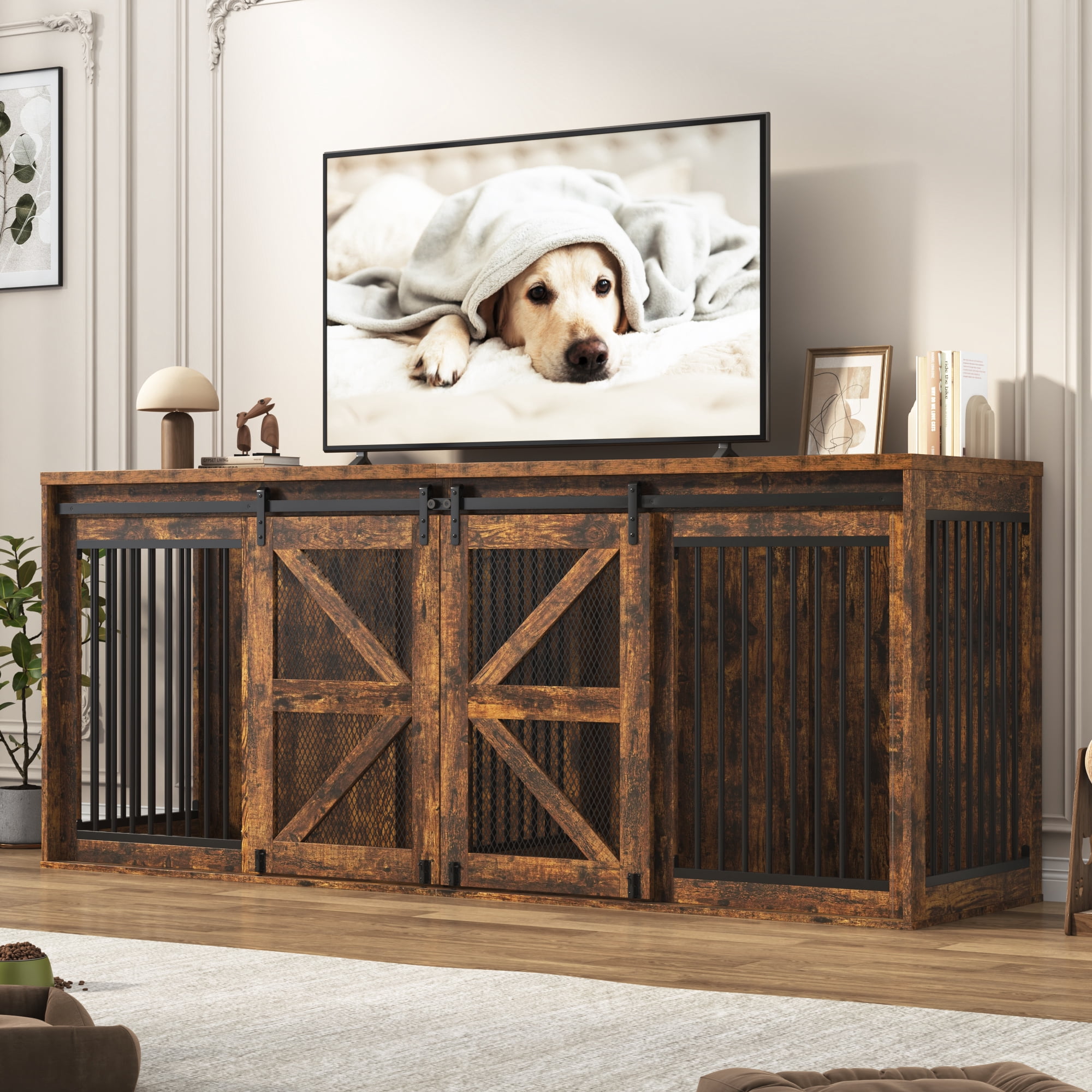 Blotout 87" Large Farmhouse Dog Crate TV Stand, Wooden Dog Crate ...