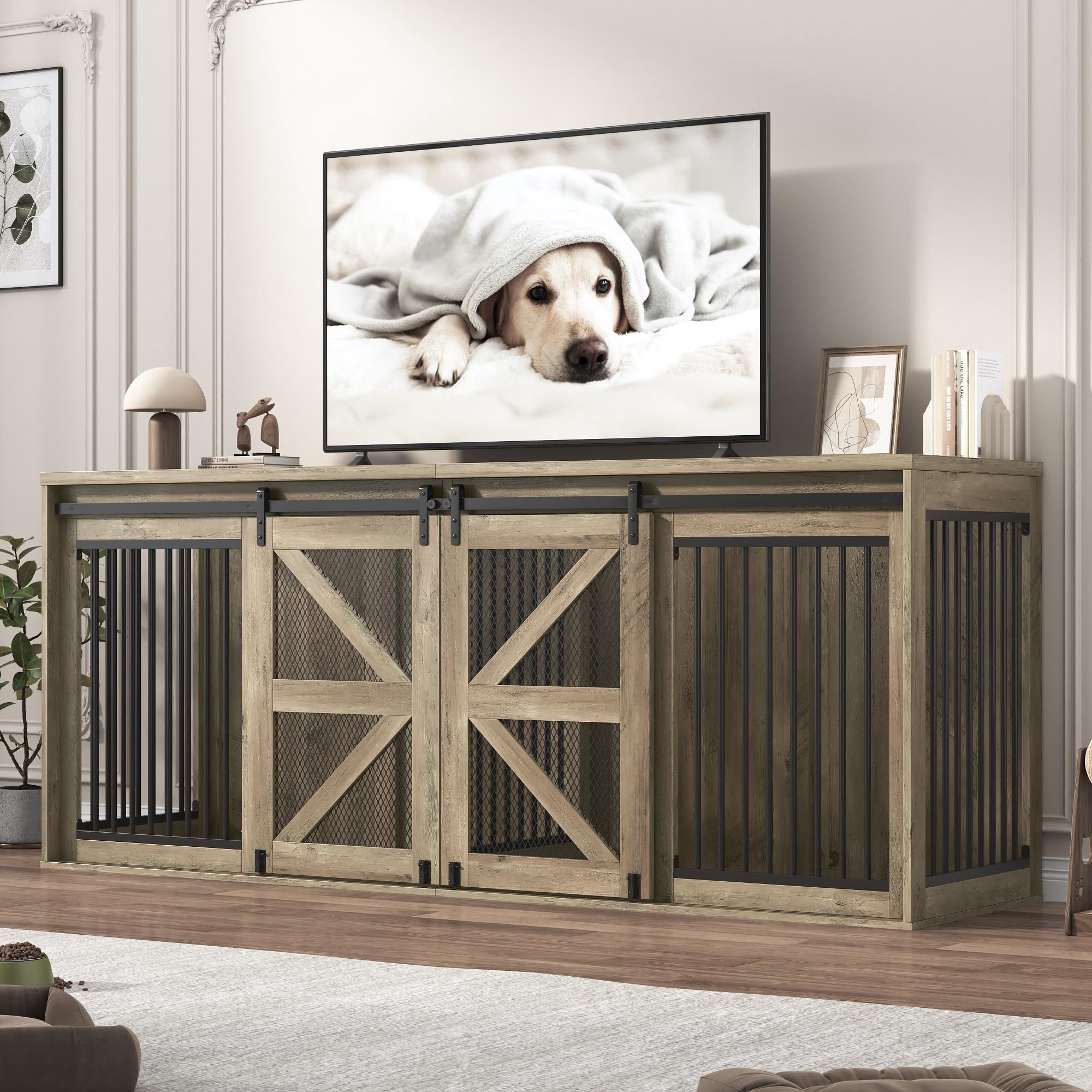 Blotout 87" Large Farmhouse Dog Crate TV Stand, Wooden Dog Crate ...