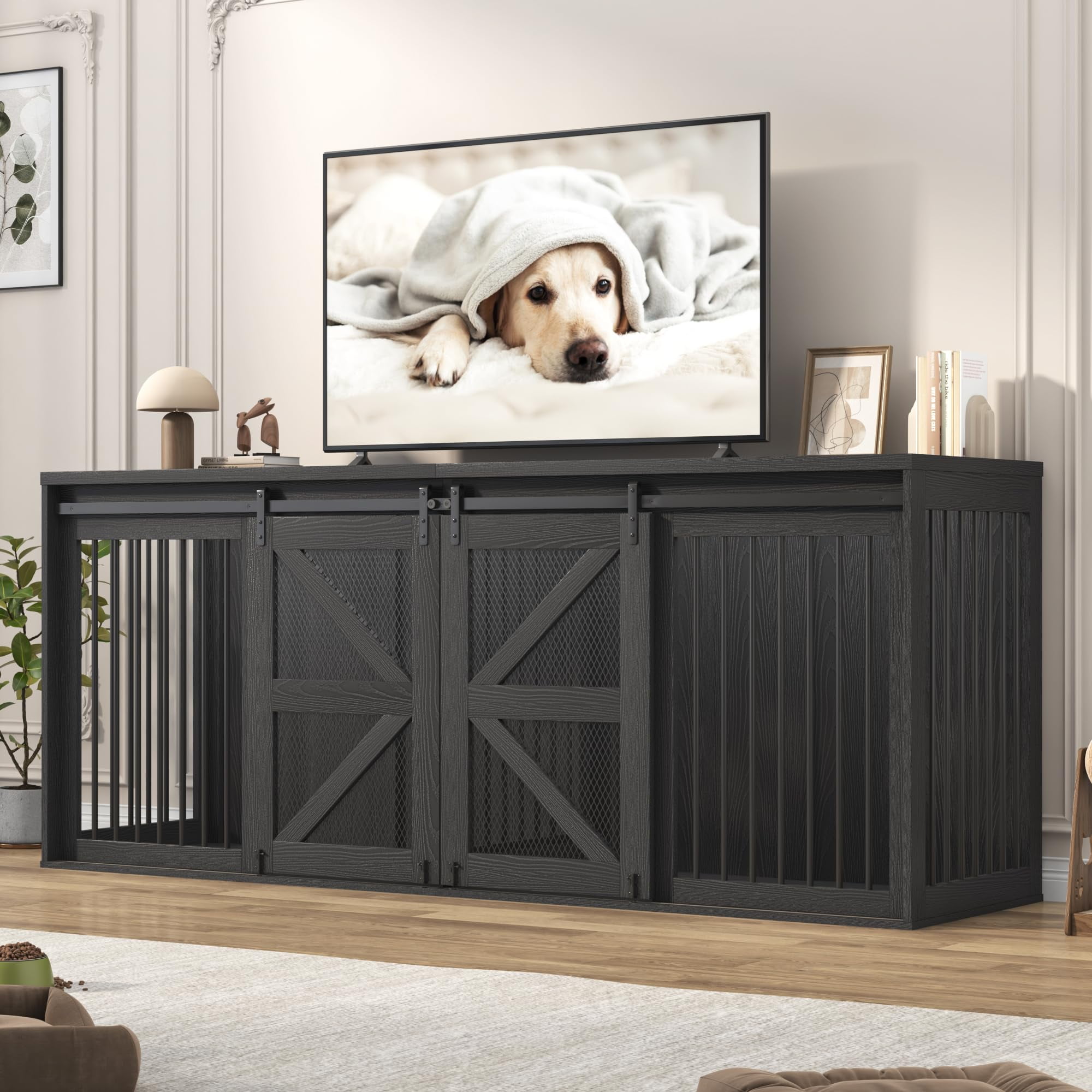 Blotout 87" Large Farmhouse Dog Crate TV Stand, Wooden Dog Crate Furniture with with Divider ...