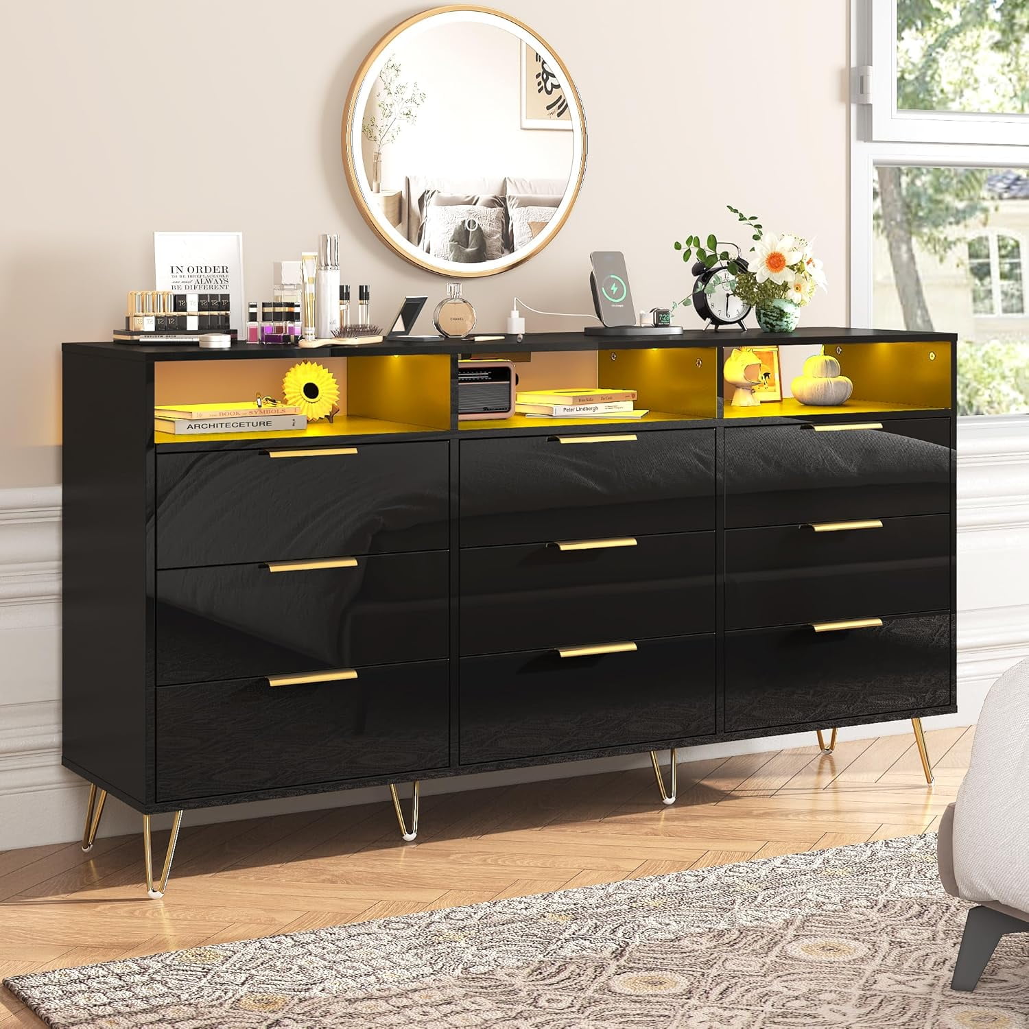 Blotout 9 Drawer Dresser with Charging Station, Modern Long Dressers ...