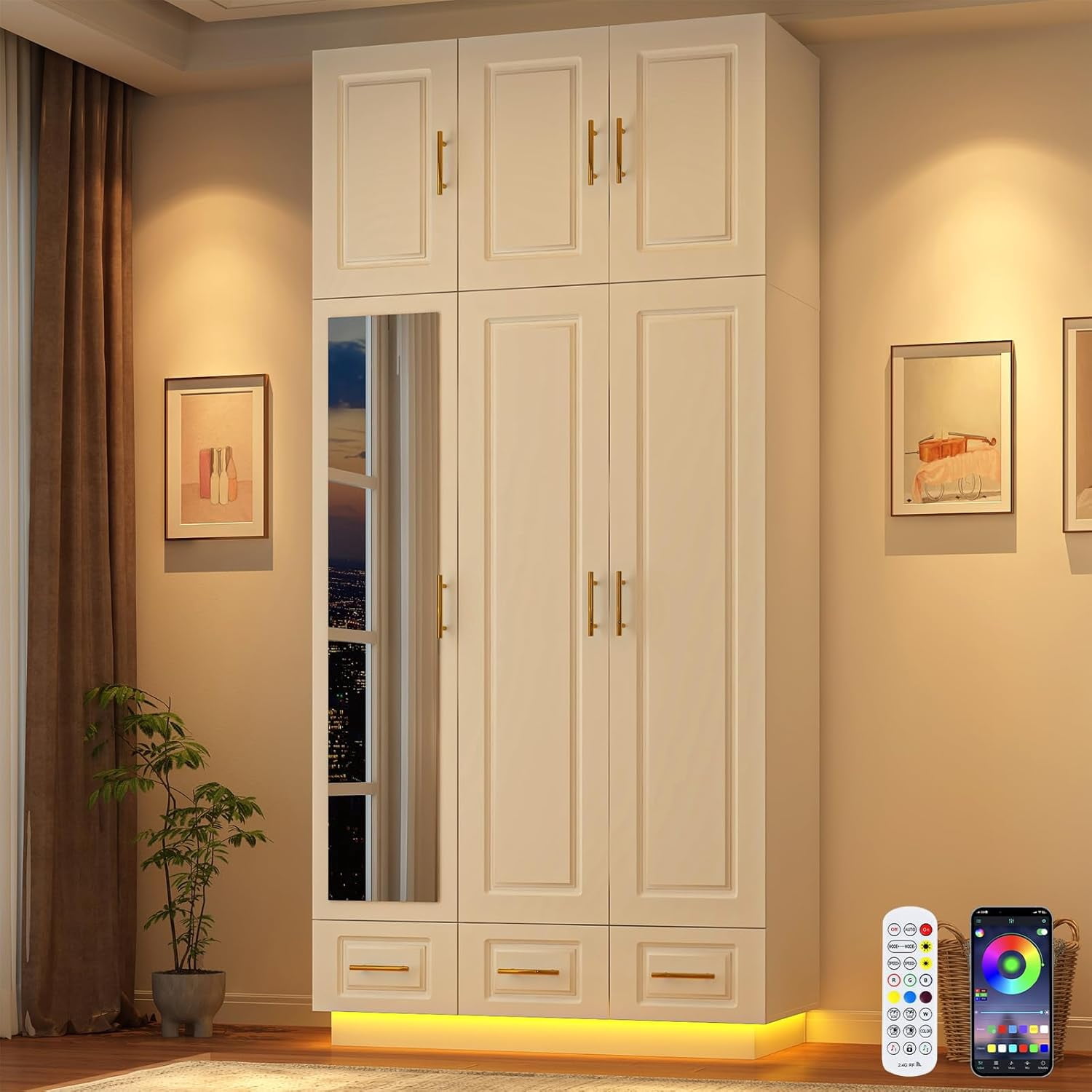 Blotout 94.5'' Armoire Wardrobe Closet with Top Cabinet and Mirror ...