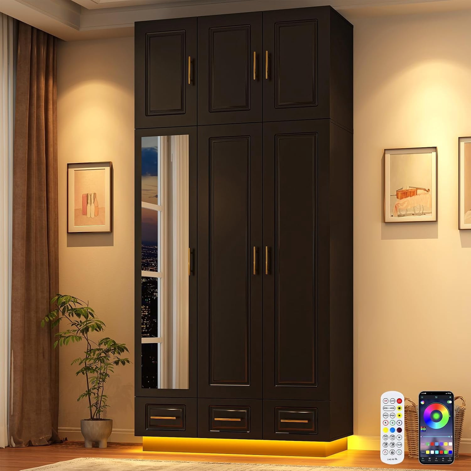 Blotout 94.5'' Armoire Wardrobe Closet with Top Cabinet and Mirror ...