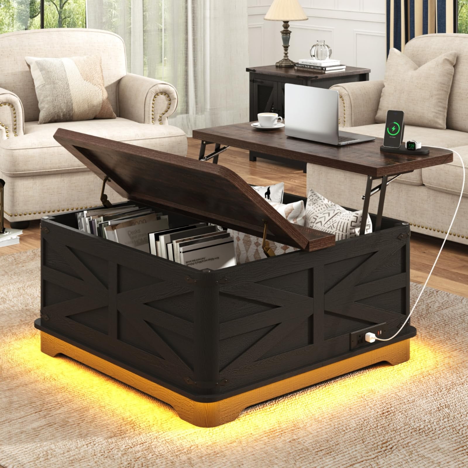 Blotout Farmhouse Lift Top Coffee Table with LED Light and Power ...