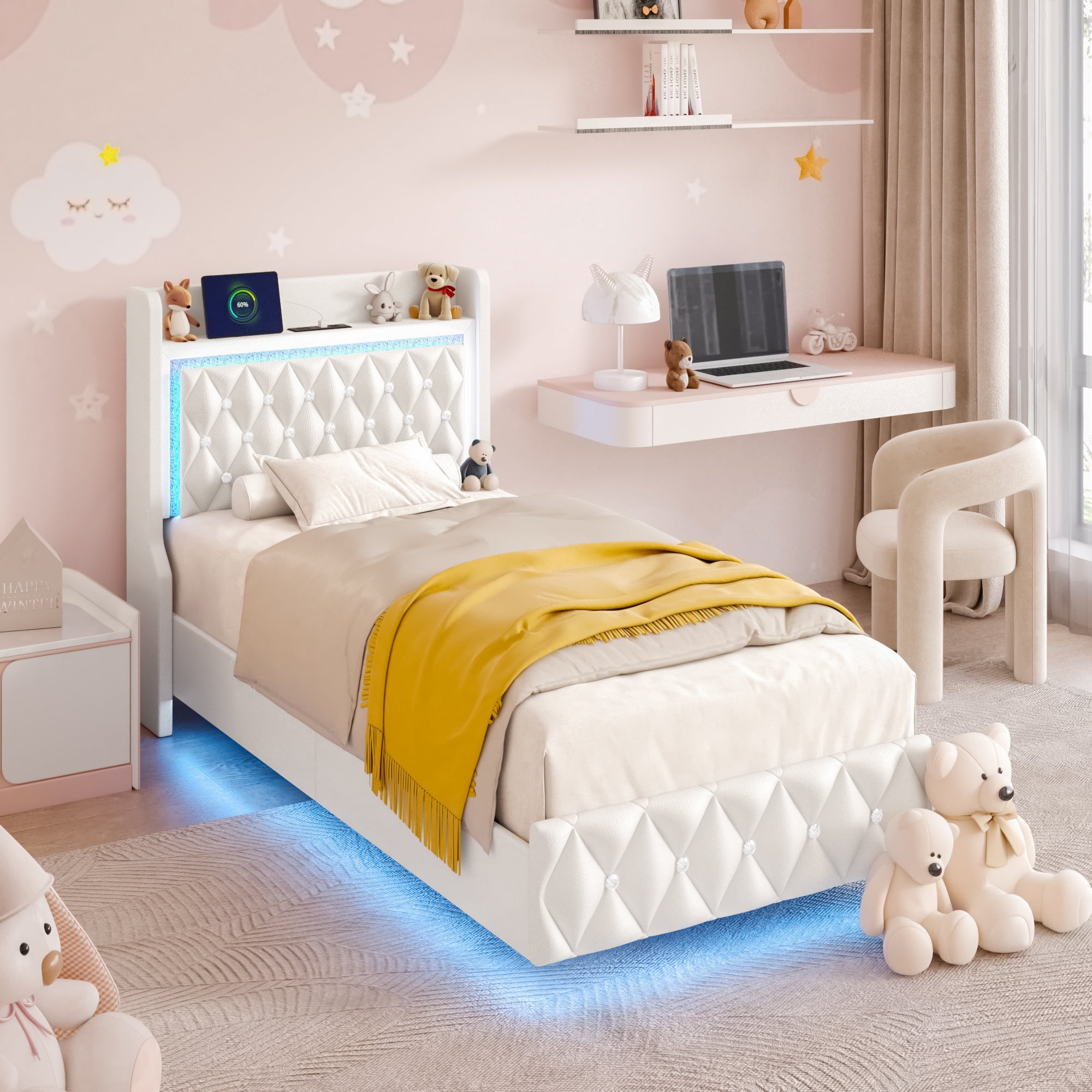 Blotout Floating Twin Bed Frame with LED Lights&Power Outlet ...