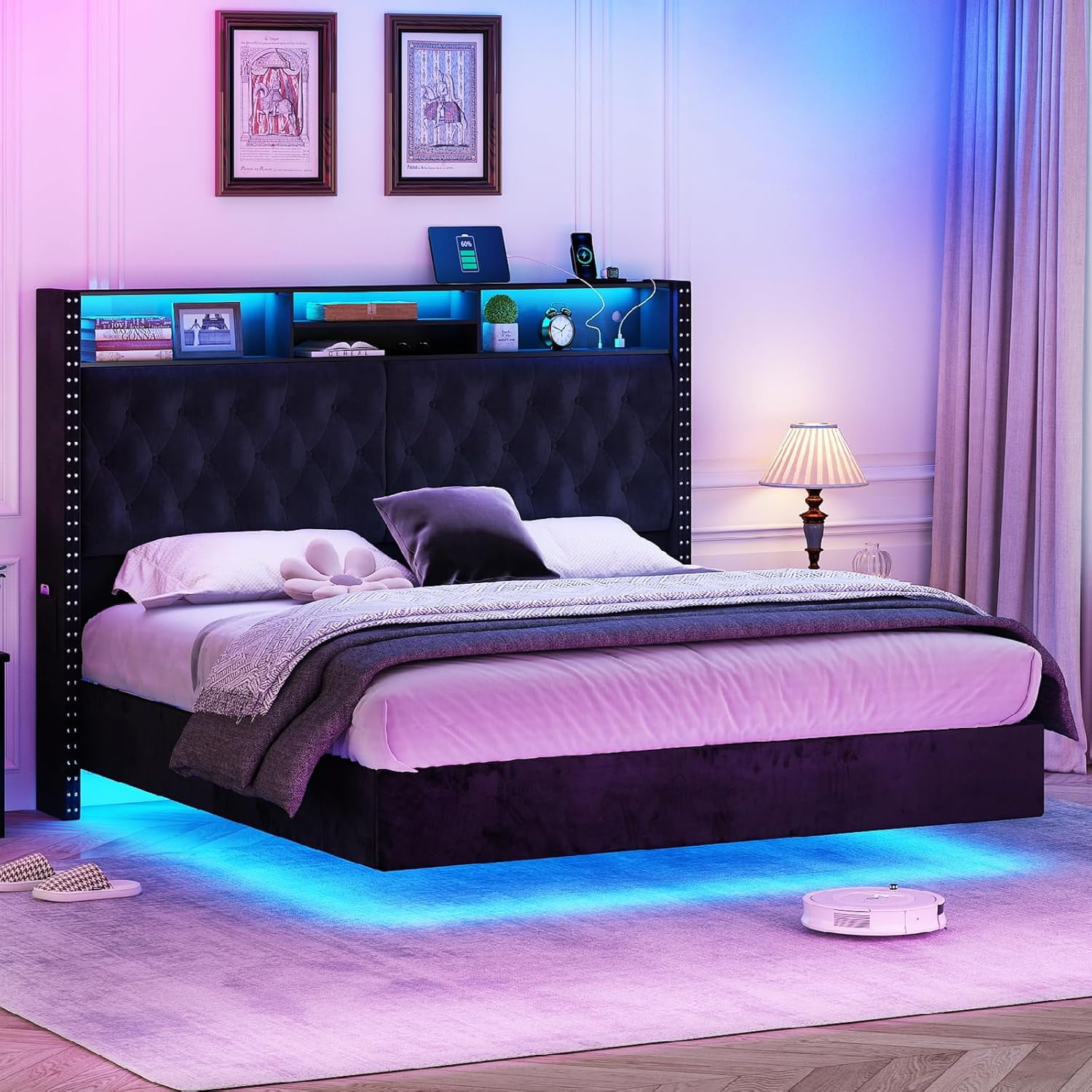 Blotout King LED Upholstered Bed Frame with Storage Wingback Headboard ...
