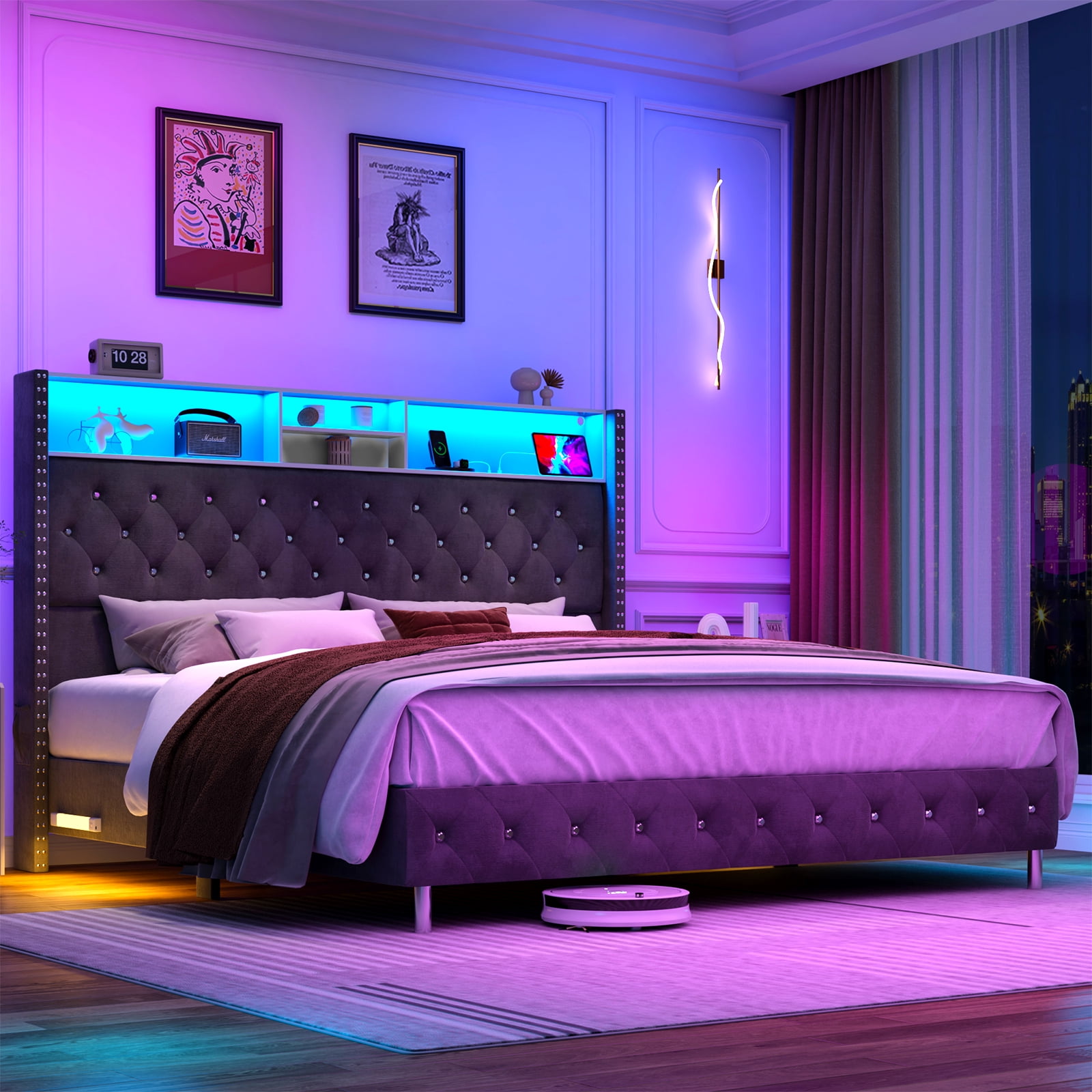 Blotout King LED Upholstered Bed Frame with Storage Wingback Headboard ...