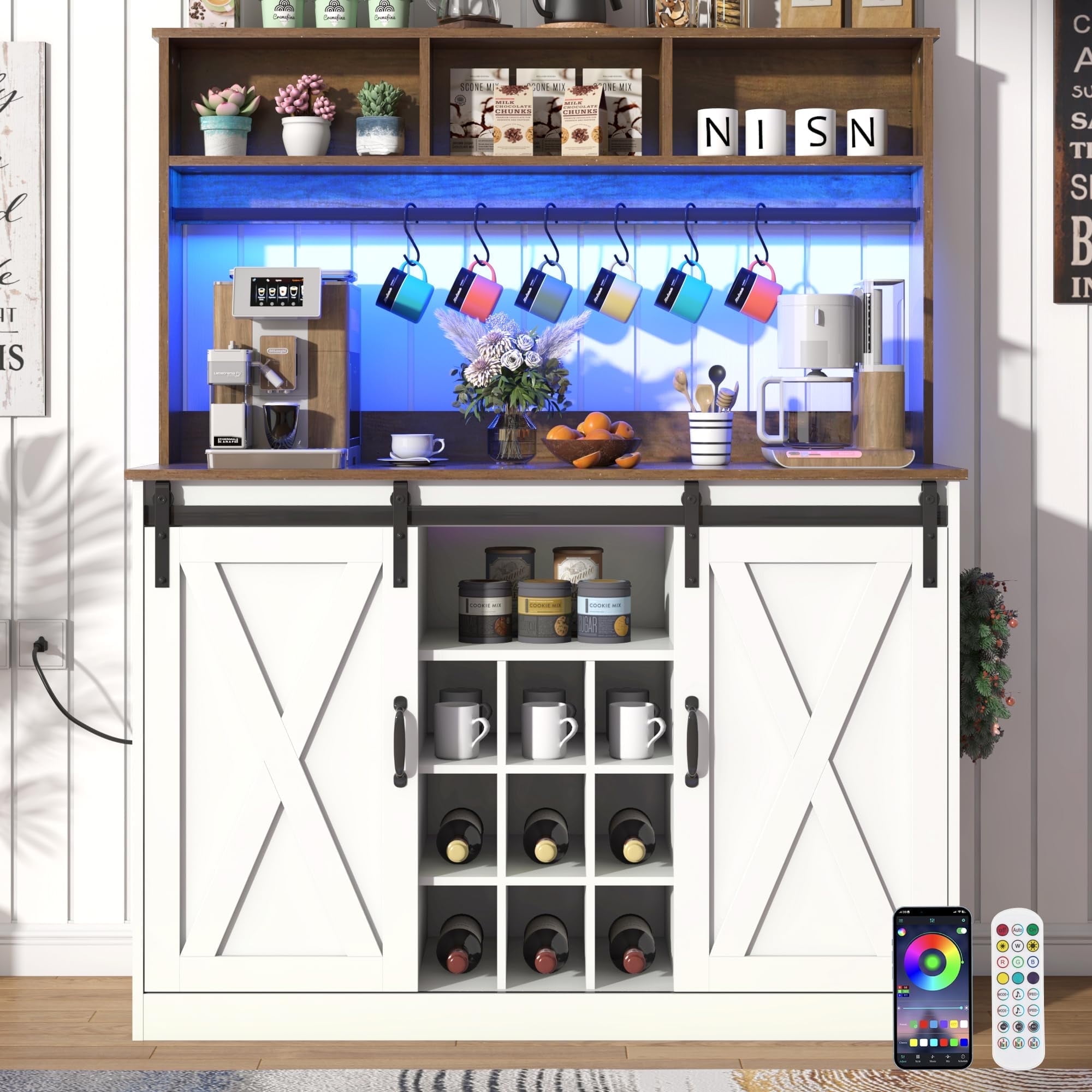 Blotout LED Coffee Bar Cabinet with Power Outlet, 58" Tall Farmhouse ...