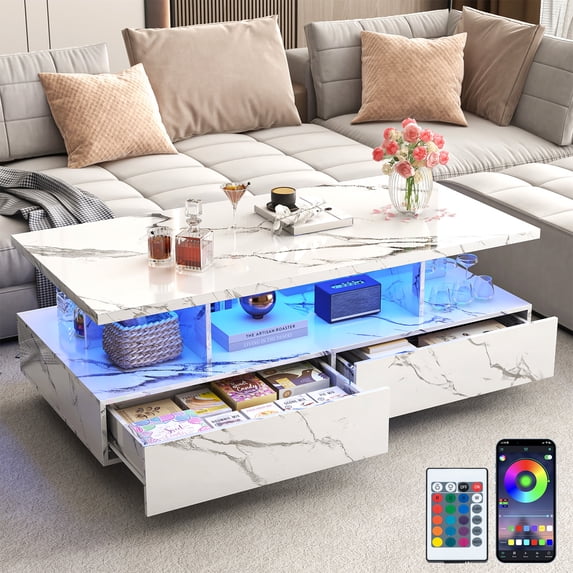 Blotout LED White Coffee Table with 2 Storage Drawer, 43" Modern High ...