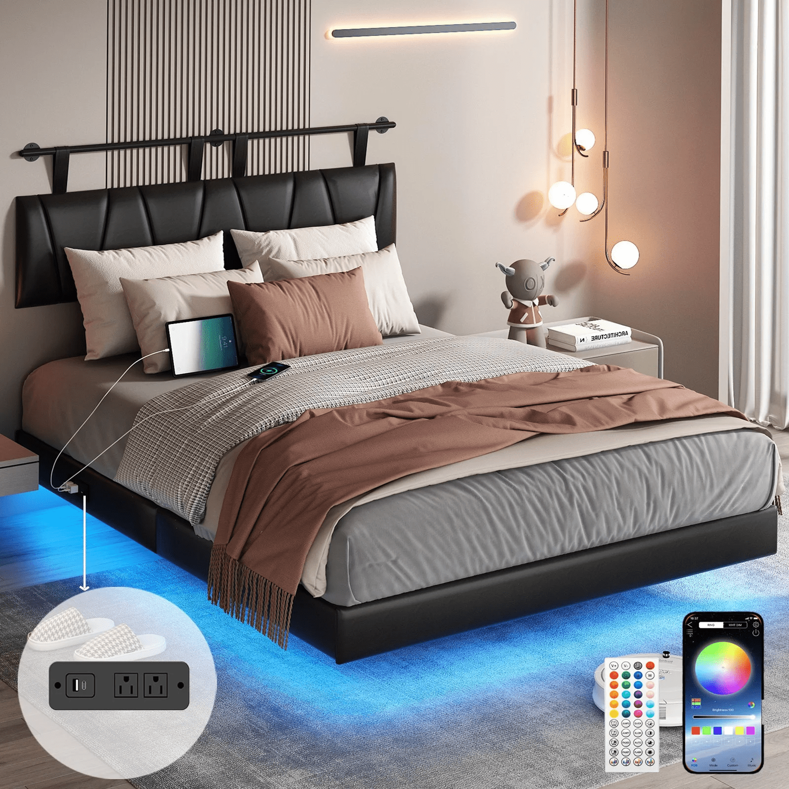 Blotout High Backboard Queen Size Floating Bed Frame with LED Light ...