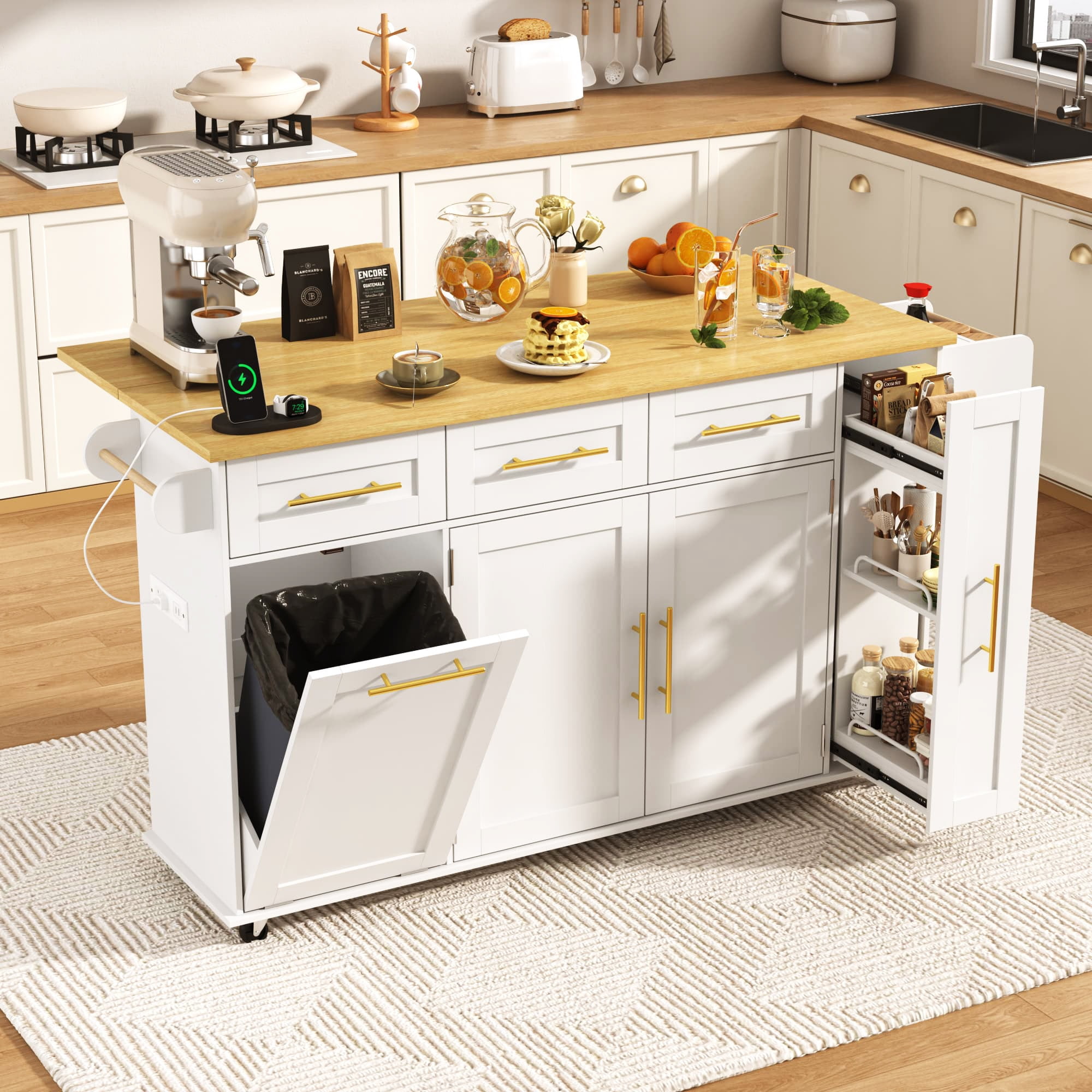 Mobile Kitchen Island Cart with 57" Large Rubber Wood Drop Leaf & Trash ...