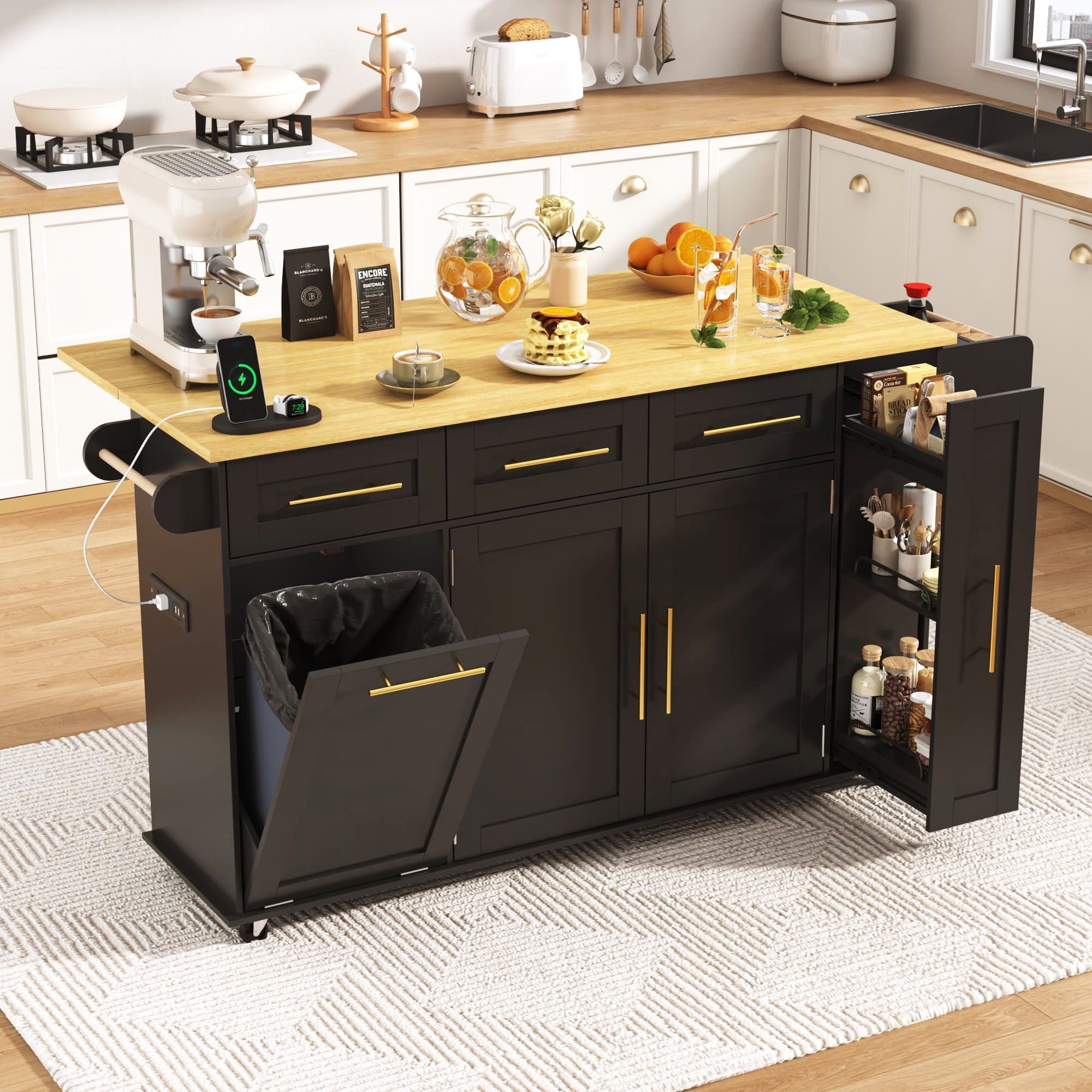 Mobile Kitchen Island Cart with 57" Large Rubber Wood Drop Leaf & Trash ...