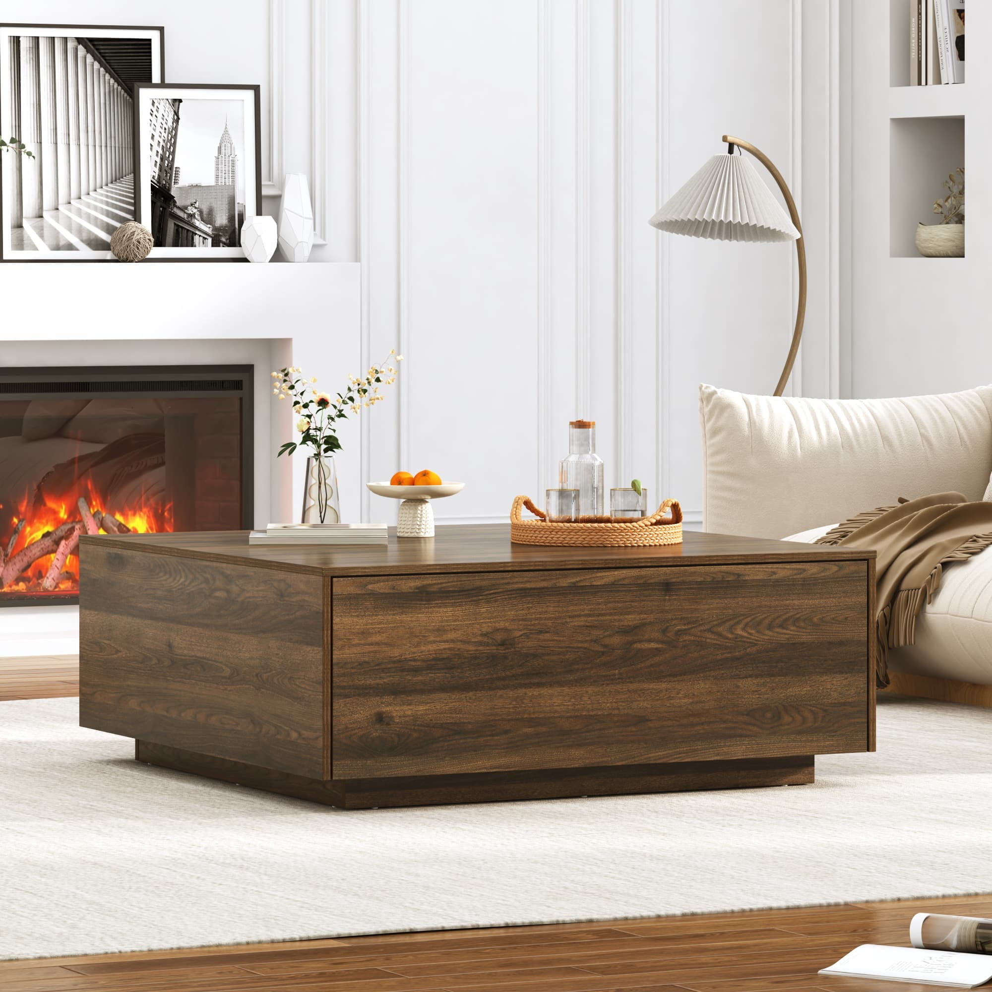 47” Large Square Coffee Table with 2 Drawers, Modern Center Table Cocktail Table with Storage ...