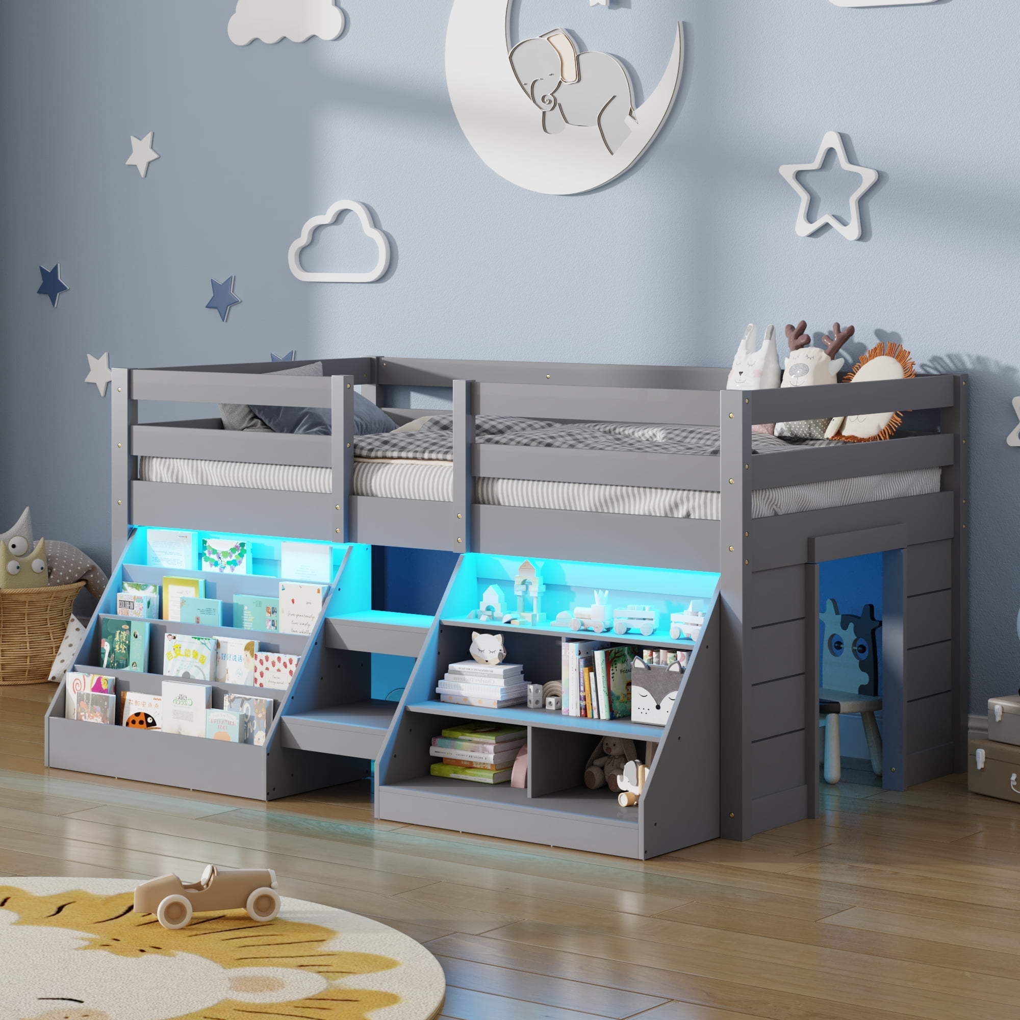 Blotout Twin Size Low Loft Bed with LED Lights & Storage for Kids, LED ...