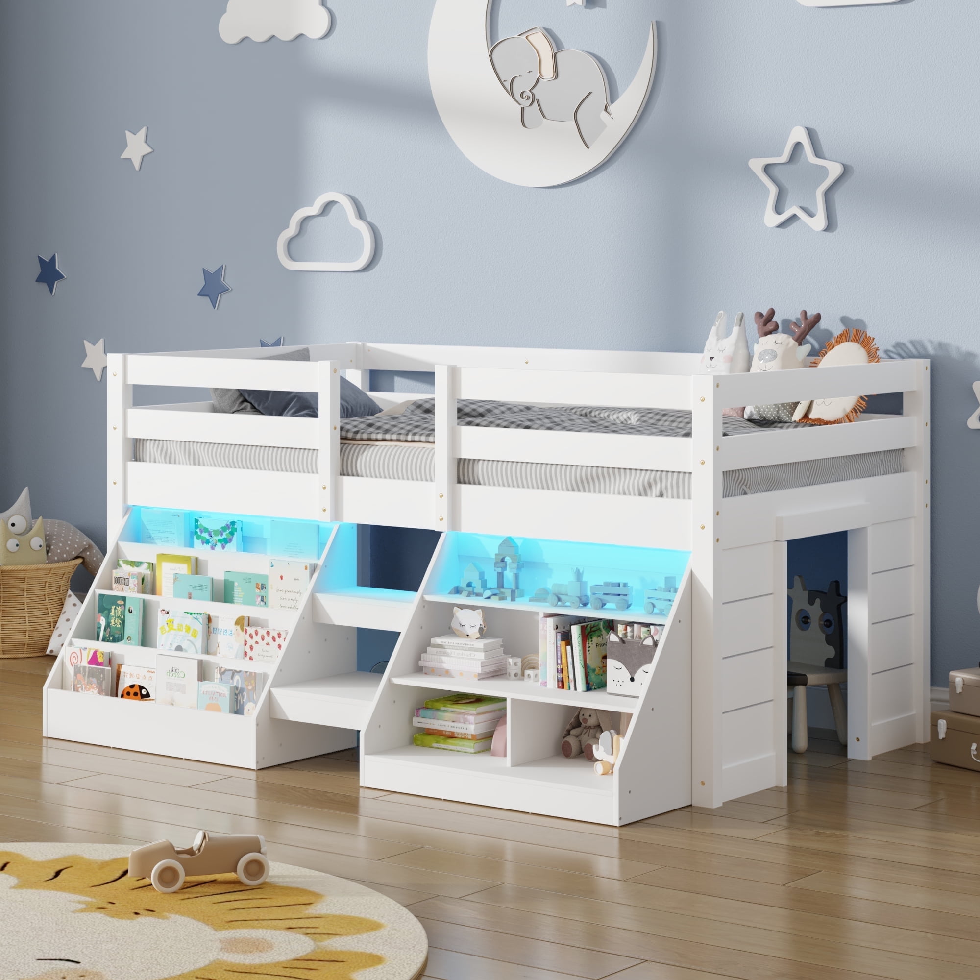 Blotout Twin Size Low Loft Bed with LED Lights & Storage for Kids, LED Wooden Loft Twin Size Bed ...