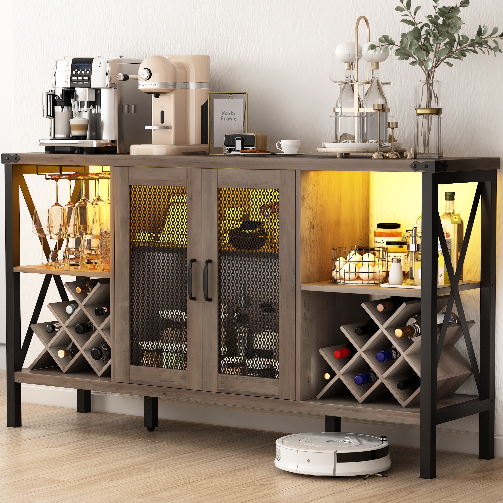 Keervan Industrial Wine Cabinet With Foldable Table, Antique Black ...