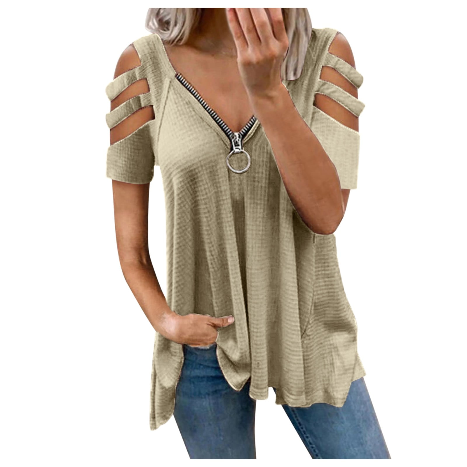 Blouse Casual Womens Sleeve Collar Tops Color Zipper Fold V-neck Short ...