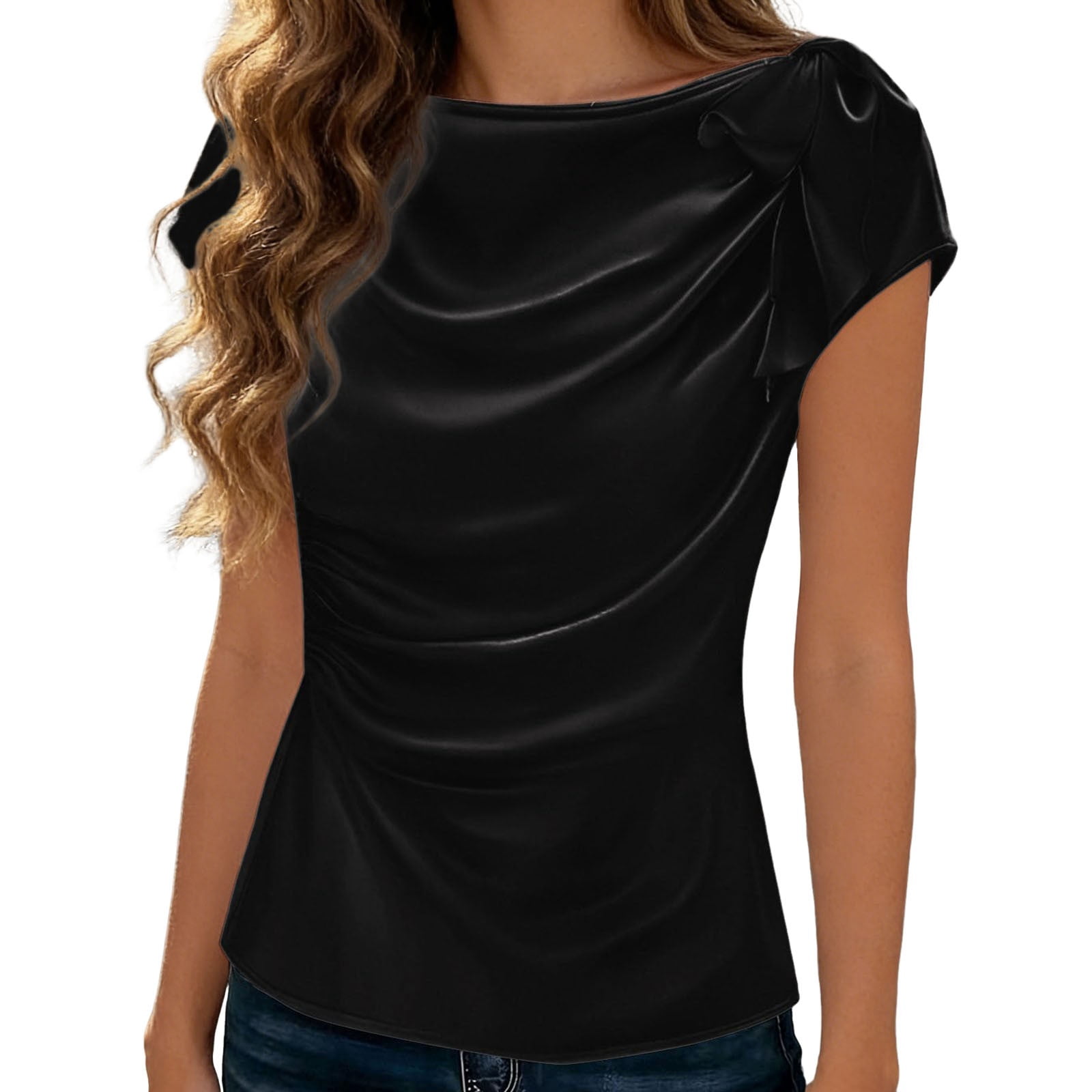 Blouse Elegant Evening Blouses Satin With Ruffle Bow Draped Front And ...